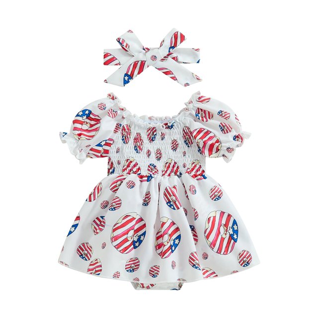 BABAMOON Baby Girls 4th of July Outfits Short Sleeve Pleated Donut Print Bodysuit Dress with ...
