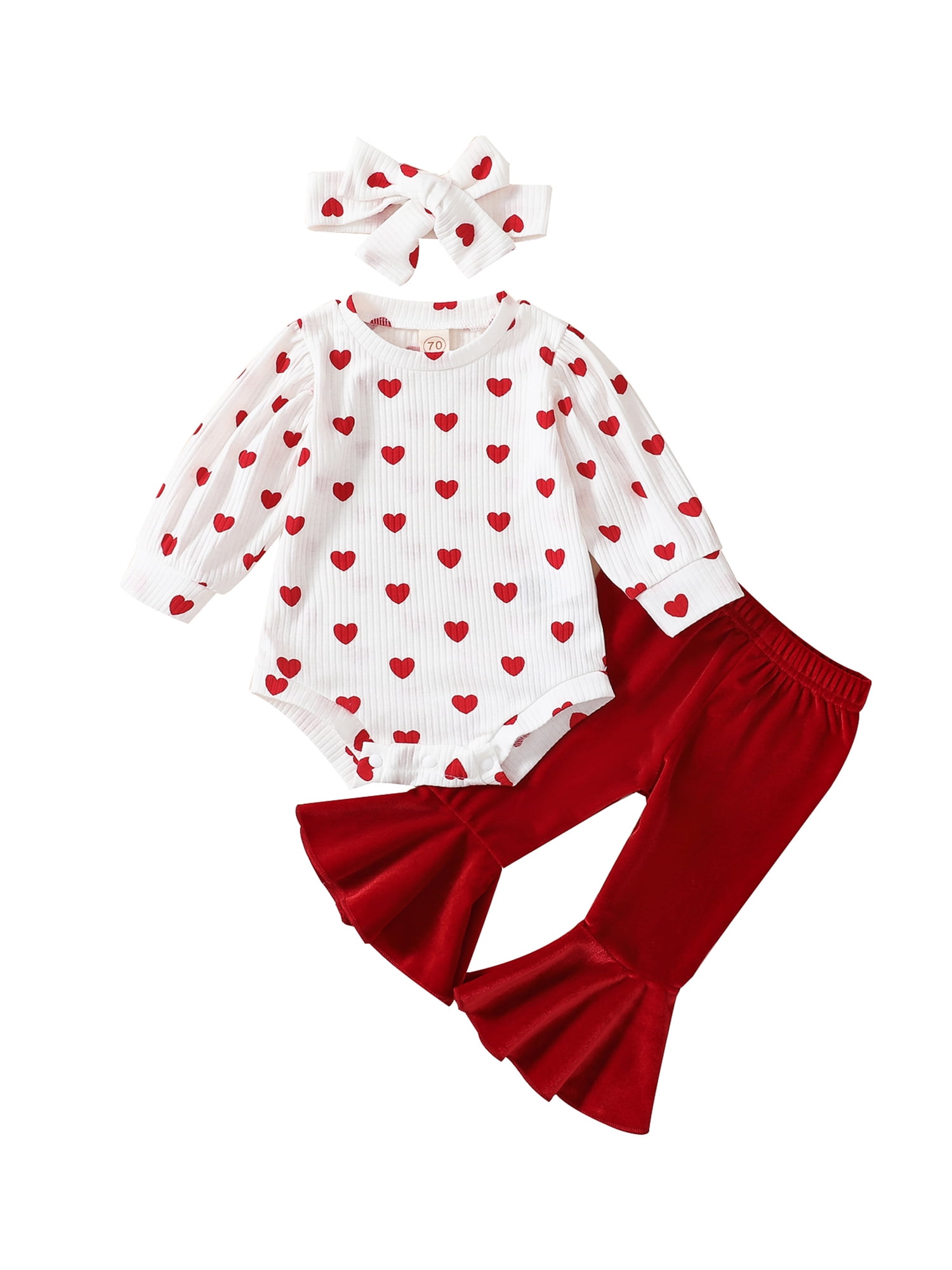 BABAMOON Newborn Baby Girls Valentine's Day Outfits Long Sleeve Heart Print Romper+Velvet Flared ...