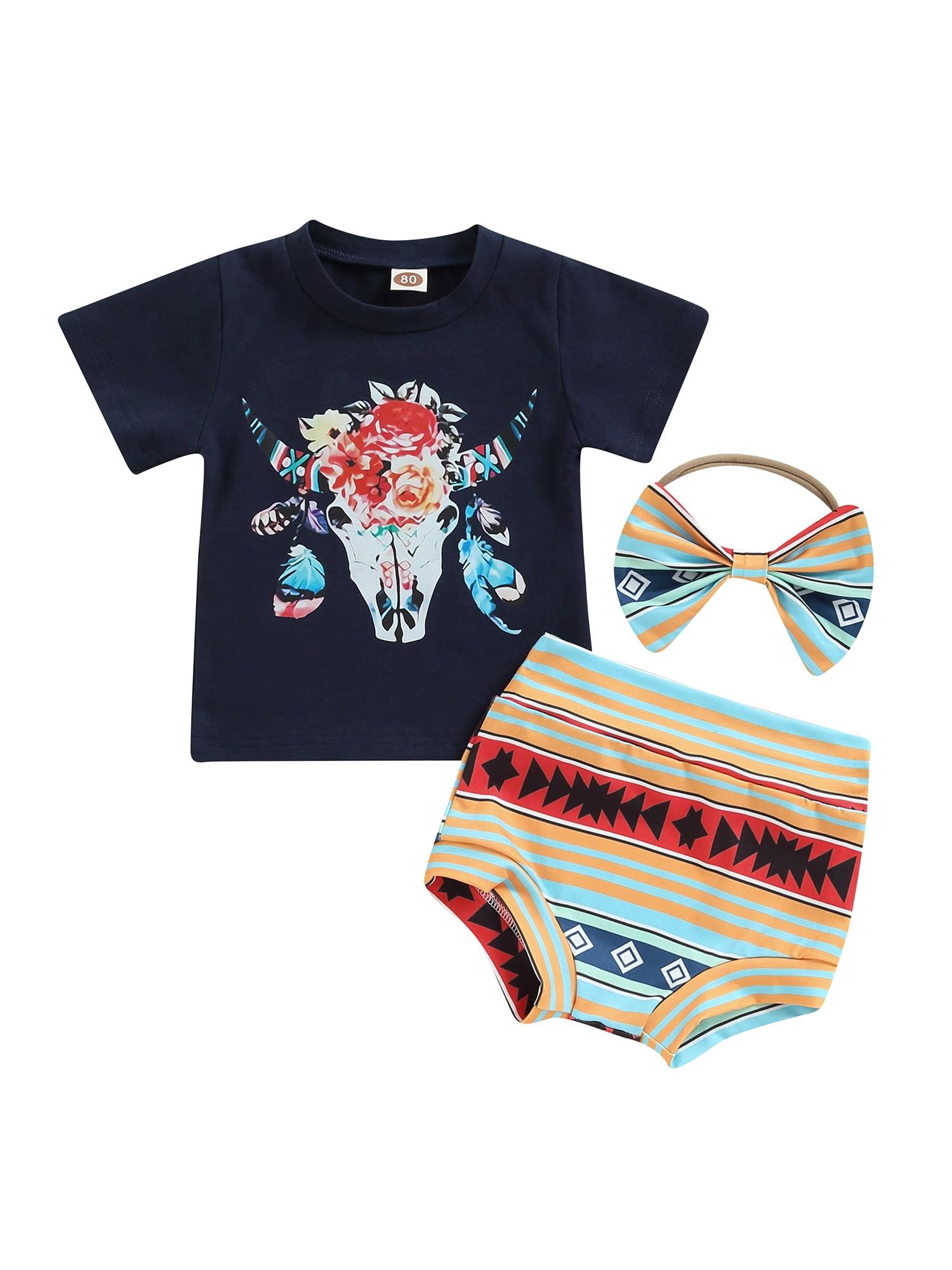 BABAMOON Newborn Baby Girls Western Clothes Letter Cow Print Short Sleeve T-Shirt Shorts ...