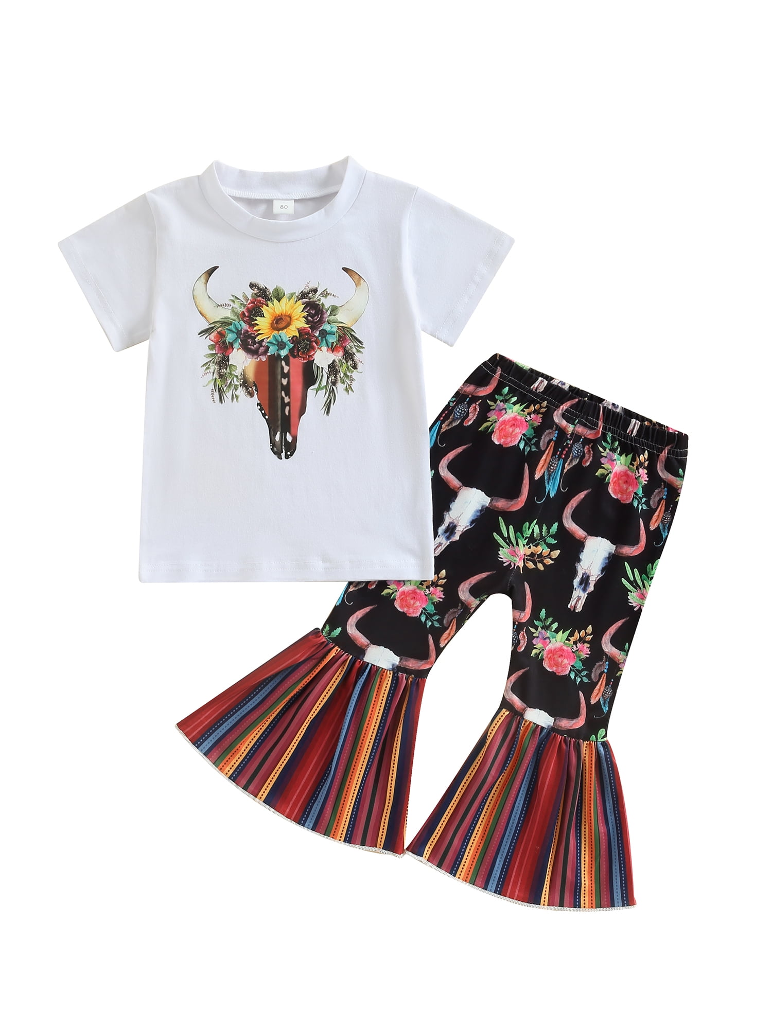 BABAMOON Toddler Baby Girl Western Clothes Kids Short Sleeve Cow Print T-Shirt Tops Flare Pants ...