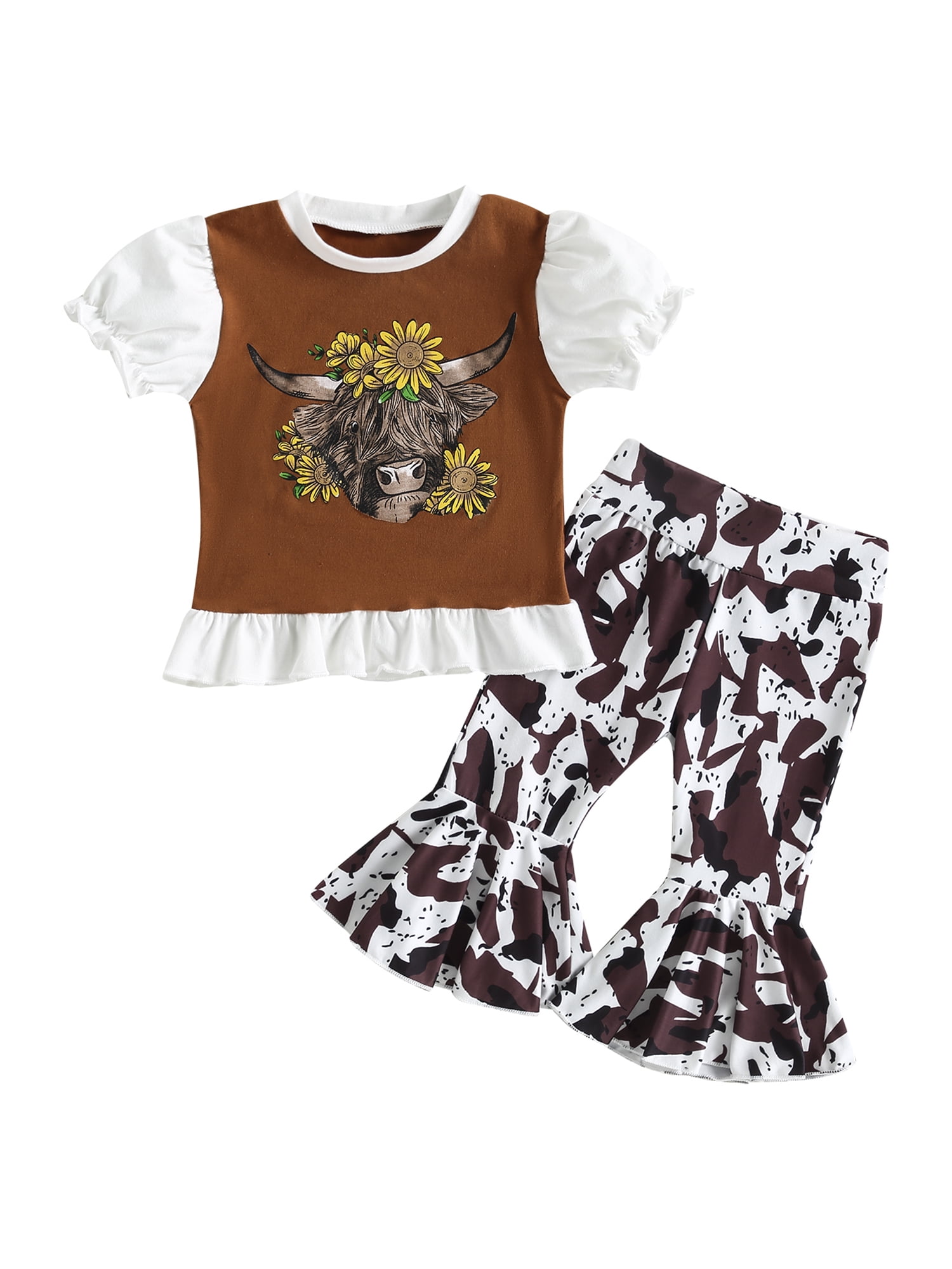BABAMOON Toddler Baby Girl Western Clothes Short Sleeve Cow Print T-Shirt Tops Flare Pants 2Pcs ...