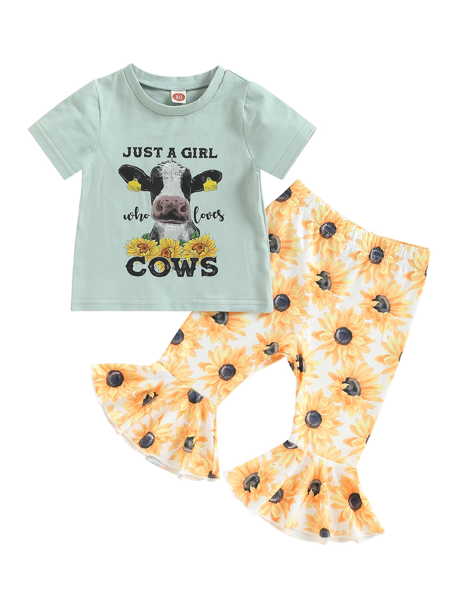BABAMOON Toddler Baby Girl Western Clothes Short Sleeve Cow Print T-Shirt Tops Sunflower Flared ...