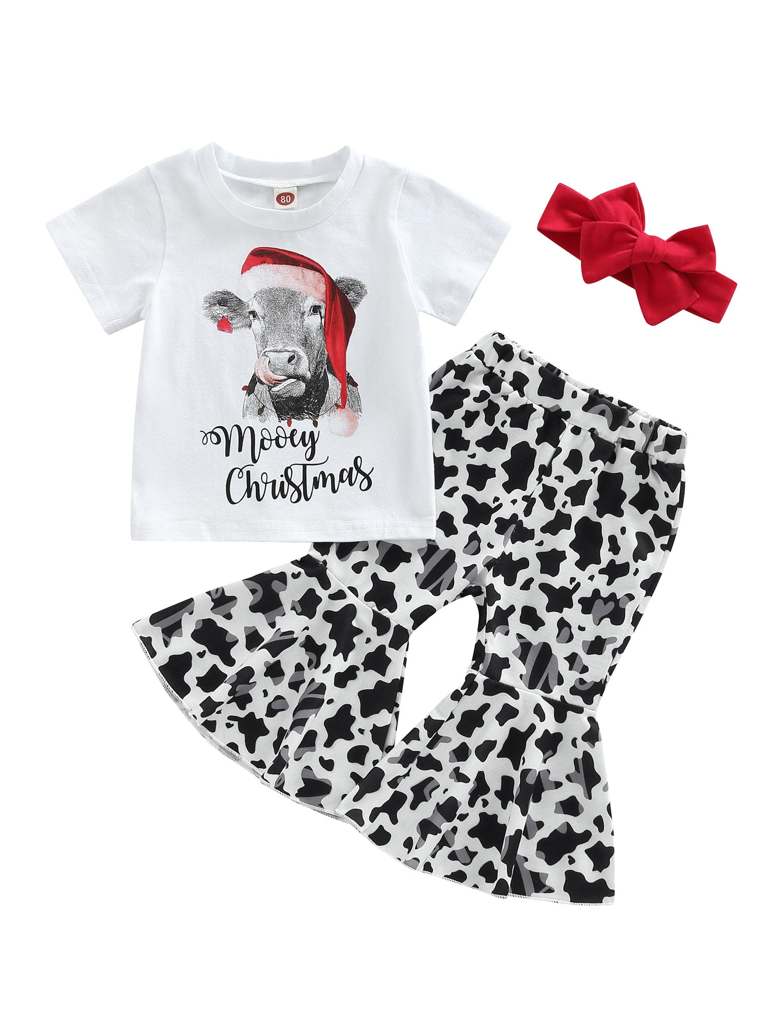 BABAMOON Toddler Baby Girls Christmas Outfits Letter Bull Head Print Short Sleeve Tops and ...