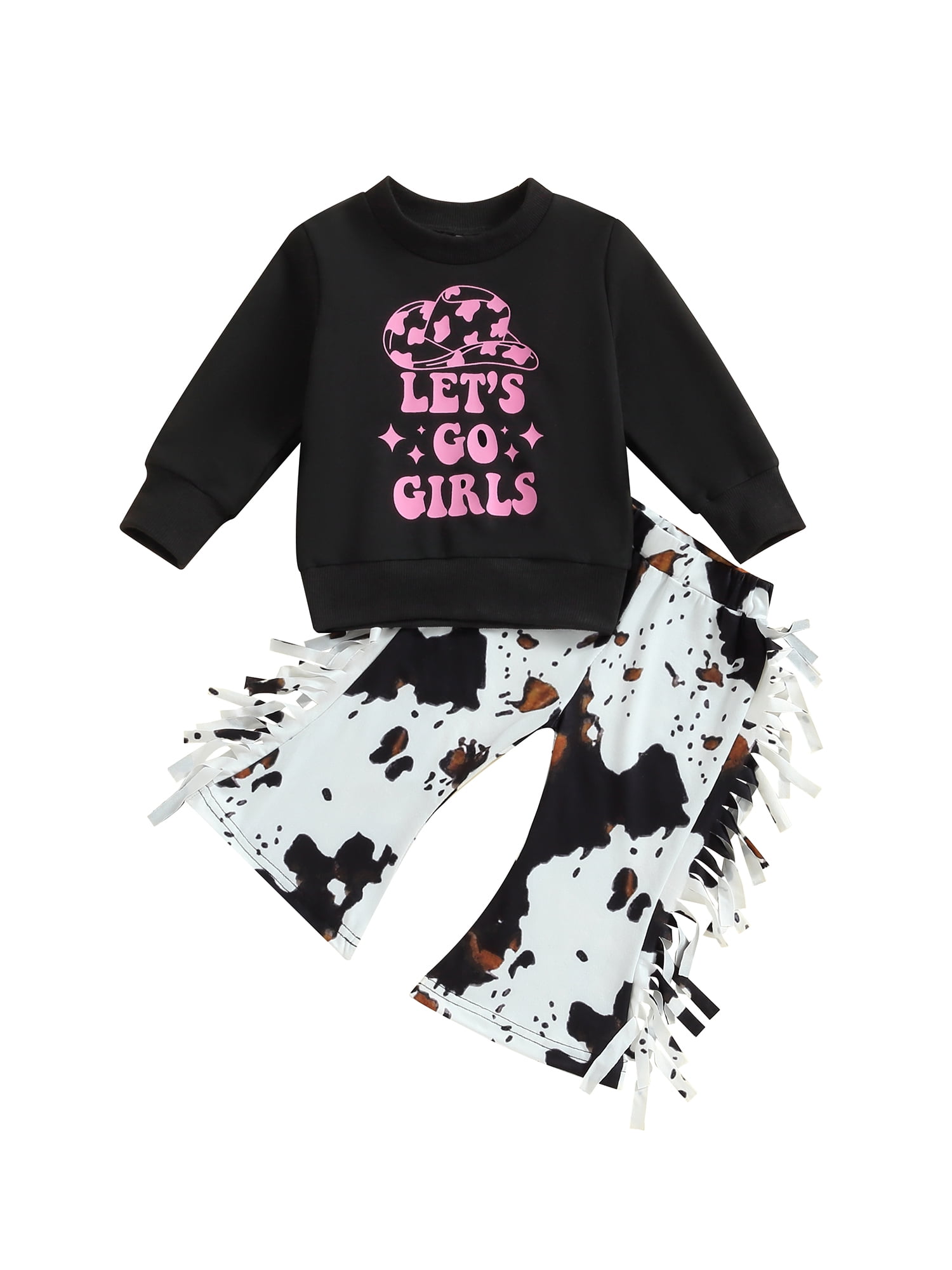 BABAMOON Toddler Baby Girls Fall Outfits Letter Print Long Sleeve Sweatshirt and Cow Print Flare ...