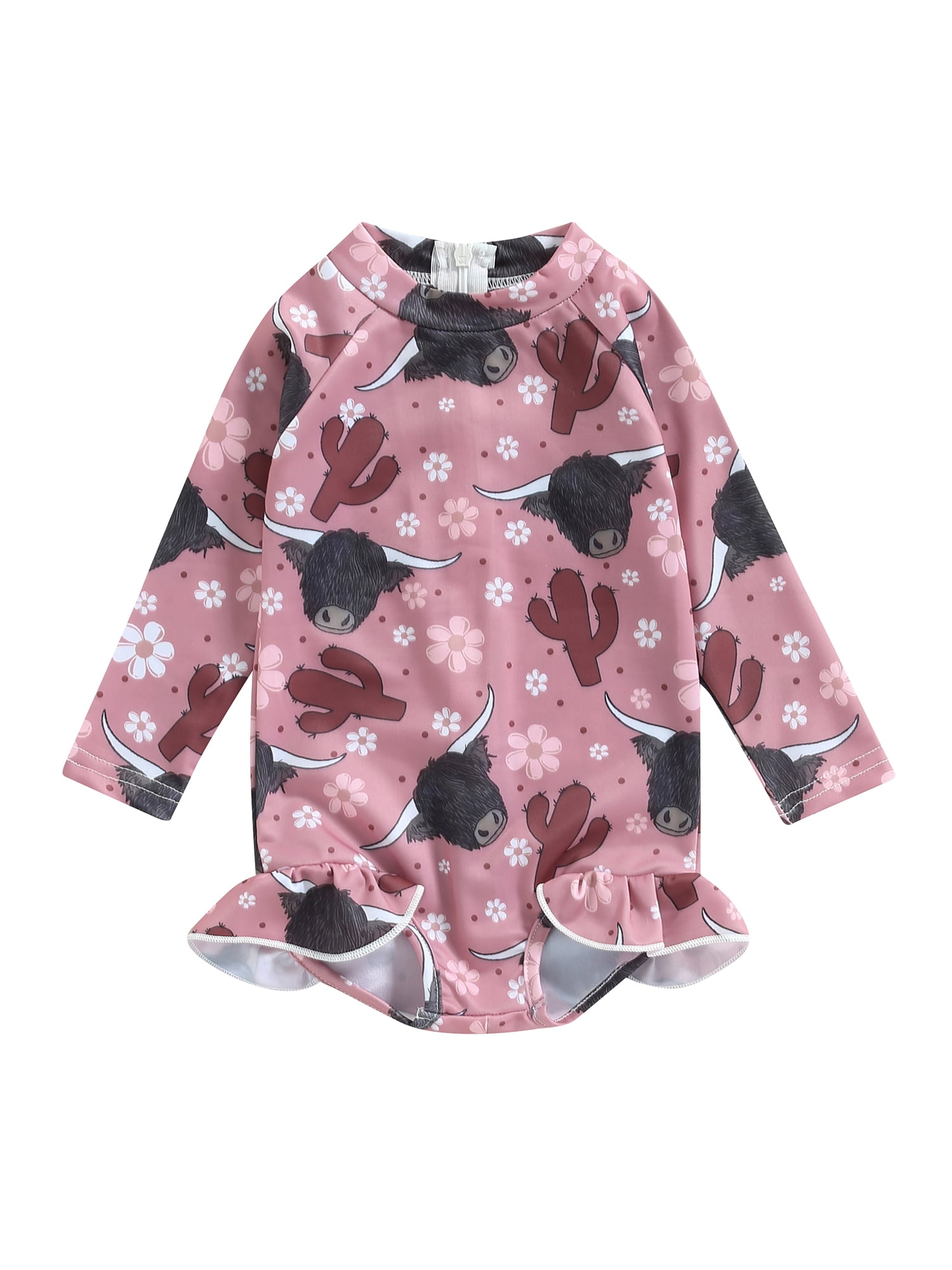 BABAMOON Toddler Baby Girls Long Sleeve Swimsuit One Piece Western Cow Print Zipper Rashguard ...