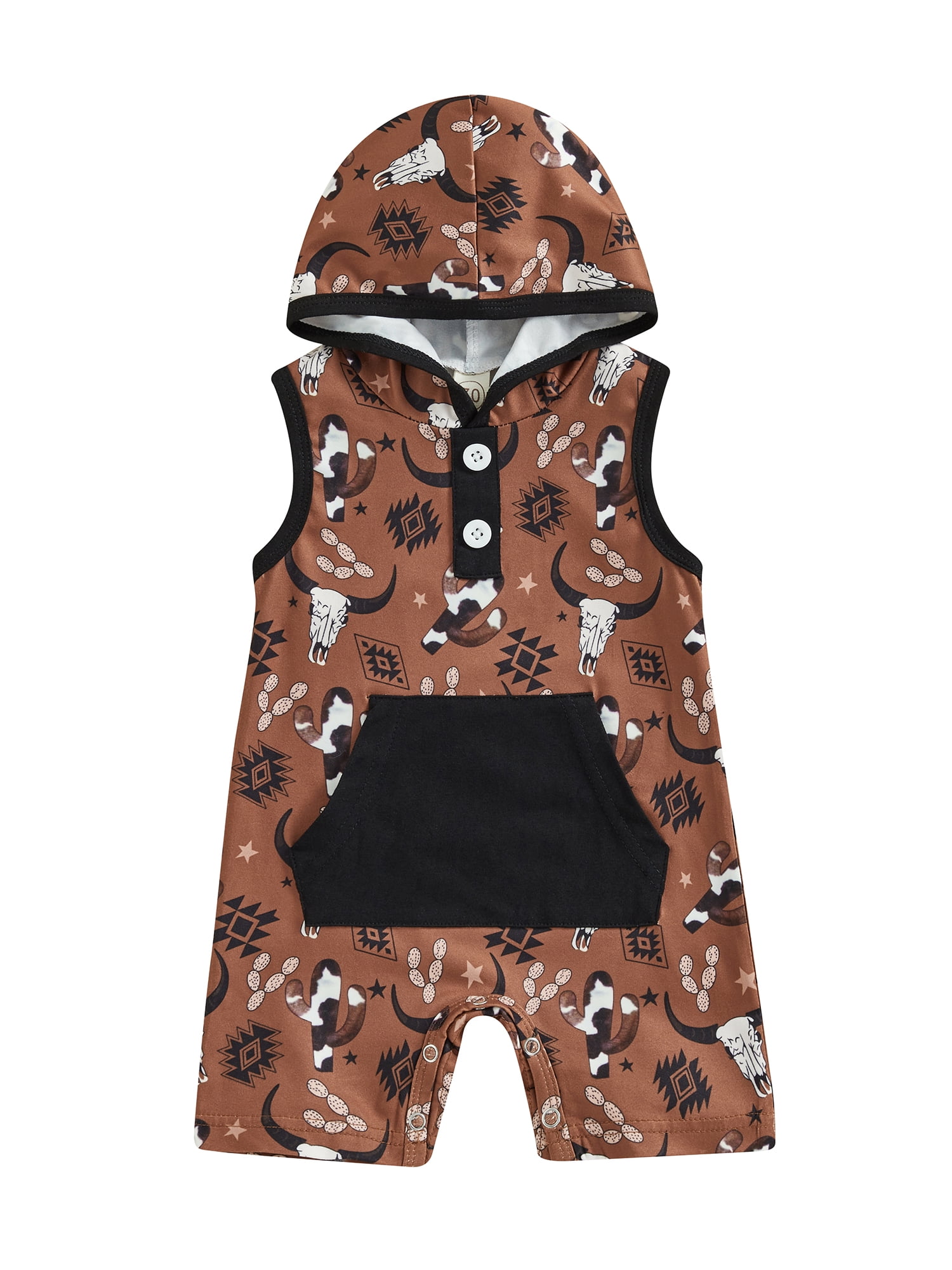 BABAMOON Western Baby Boys Girls Clothes Cow Print Hooded Romper Sleeveless Jumpsuit Bodysuit ...