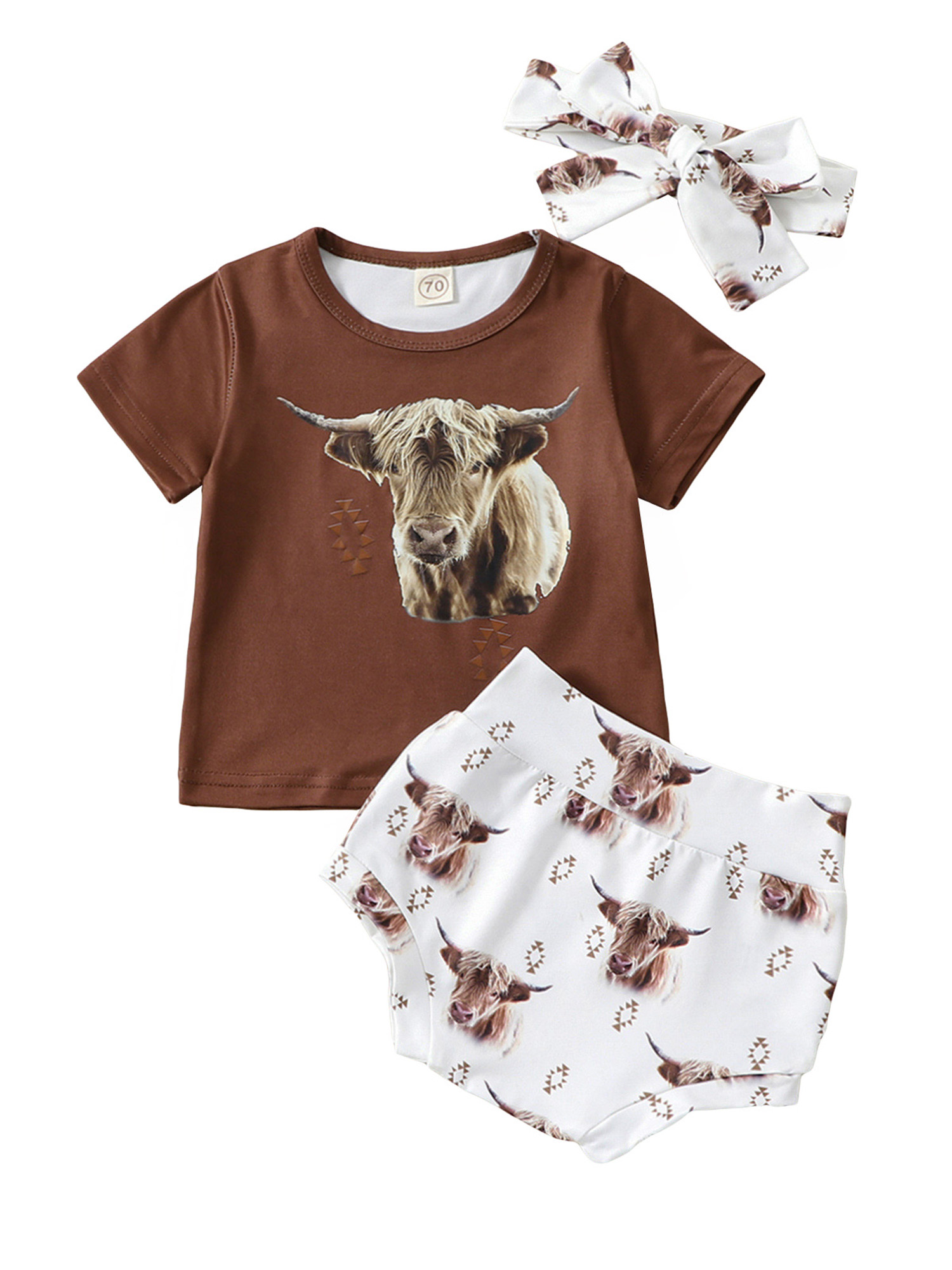 BABAMOON Western Baby Girl Summer Clothes Cow Print T-Shirt Tops Shorts Headband Outfits ...