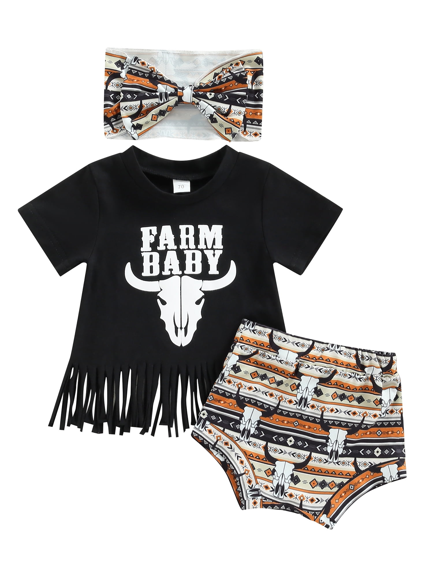 BABAMOON Western Baby Girls Summer Clothes Cow Letter Print Short Sleeve Tassel T-shirt and ...