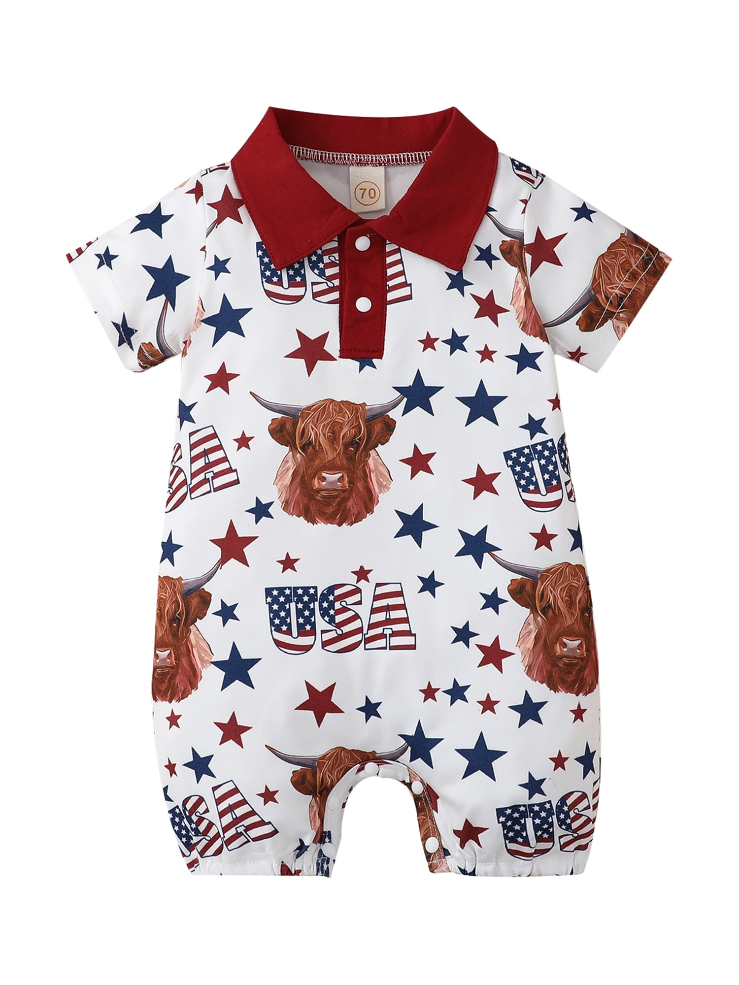 BABAMOON Western Newborn Baby Girl Boy 4th of July Romper Short Sleeve Cow Print Lapel Buttons ...