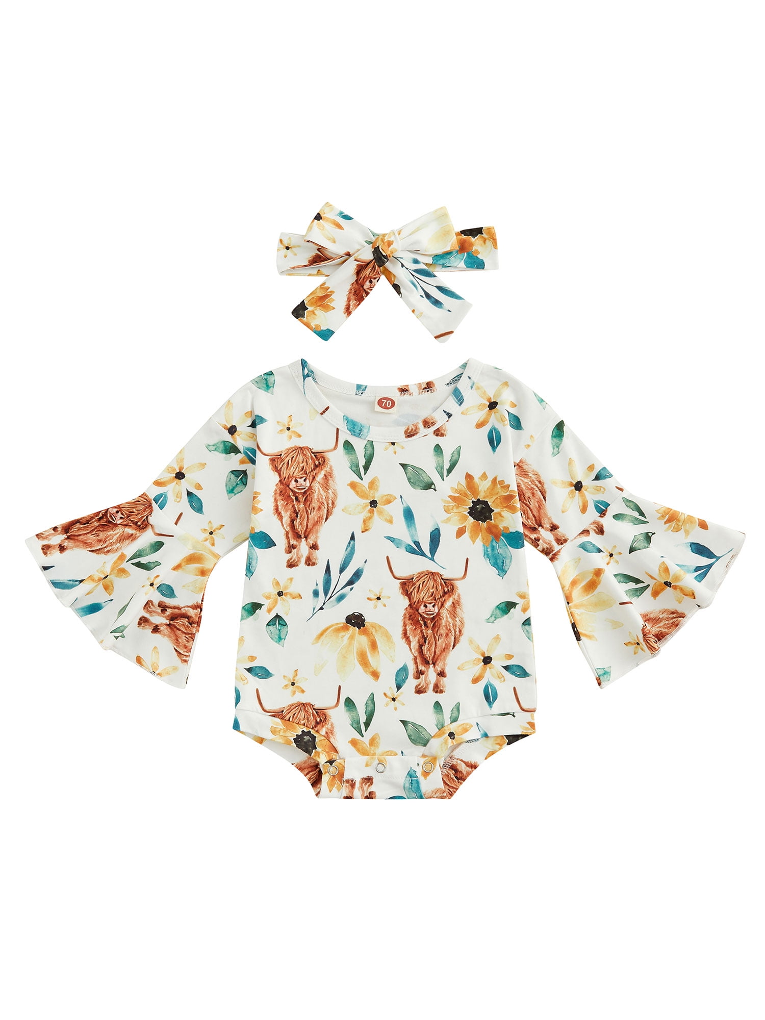 BABAMOON Western Newborn Baby Girl Clothes Cow Print Romper Flare Long Sleeve Bodysuit with ...