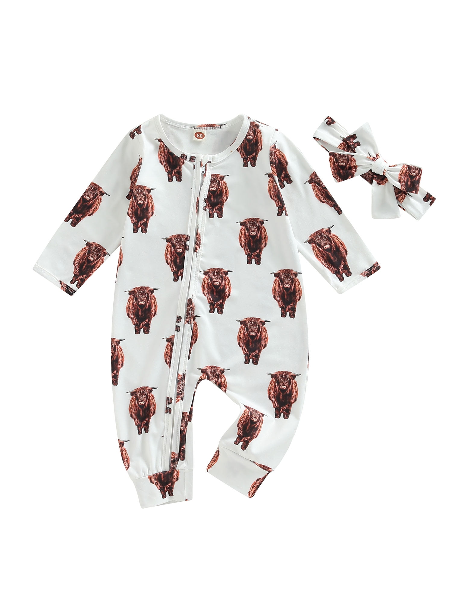 BABAMOON Western Newborn Baby Girl Romper Cow Print Long Sleeve Zipper Bodysuit Jumpsuit ...
