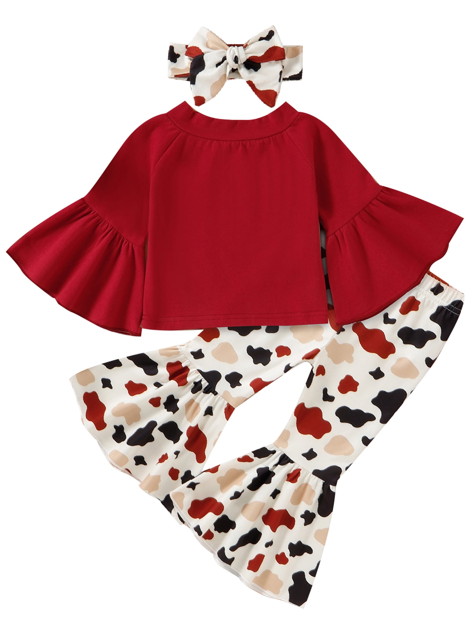 BABAMOON Western Toddler Baby Girl Clothes Flare Long Sleeve Off Shoulder Knit Top Cow Print ...