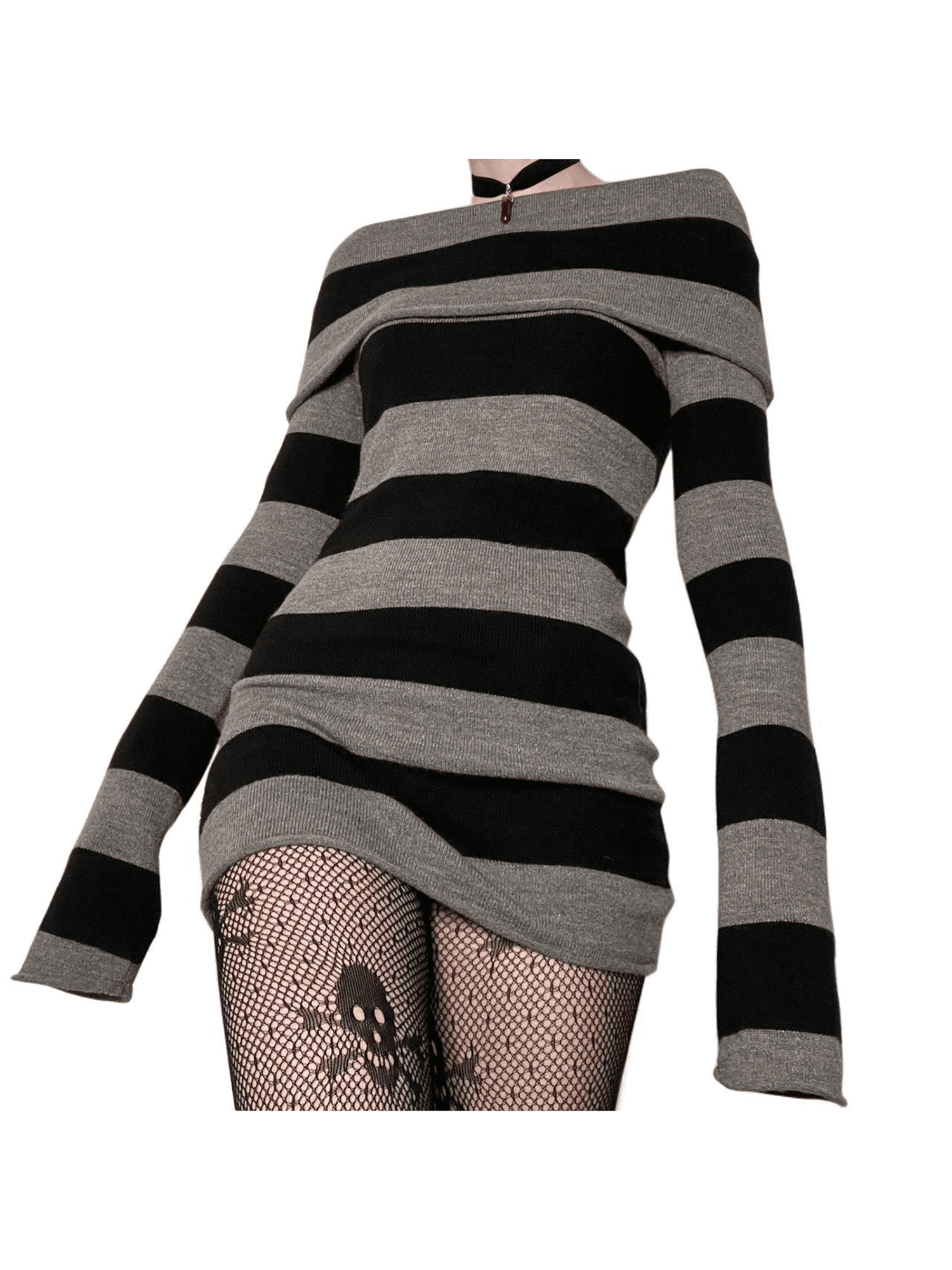 Babamoon Women Sexy Long Sleeve Bodycon Striped Mini Dress Off Shoulder Slash Neck Knitted