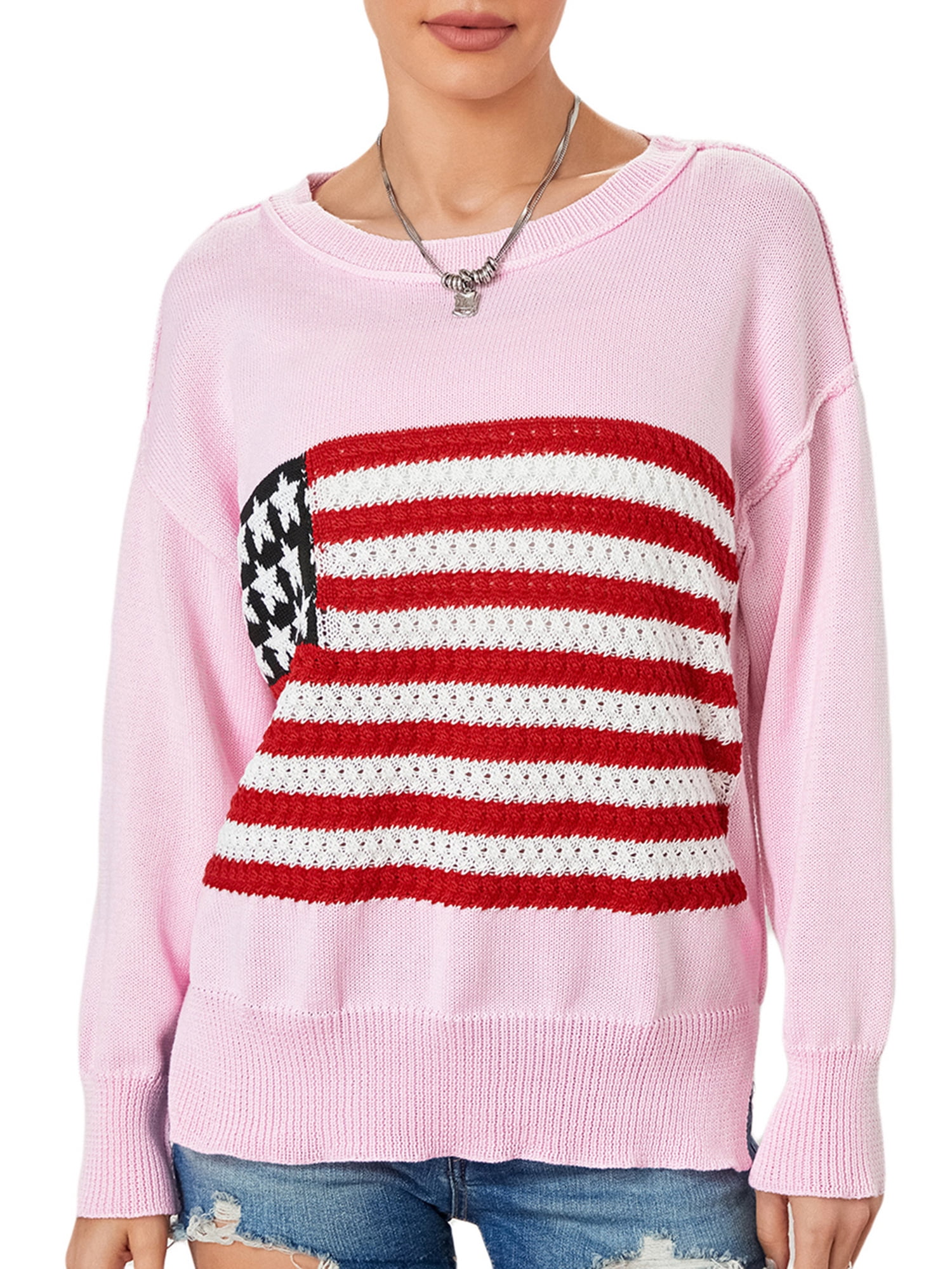 BABAMOON Women Y2K Vintage Loose Sweaters Long Sleeve American Flag ...