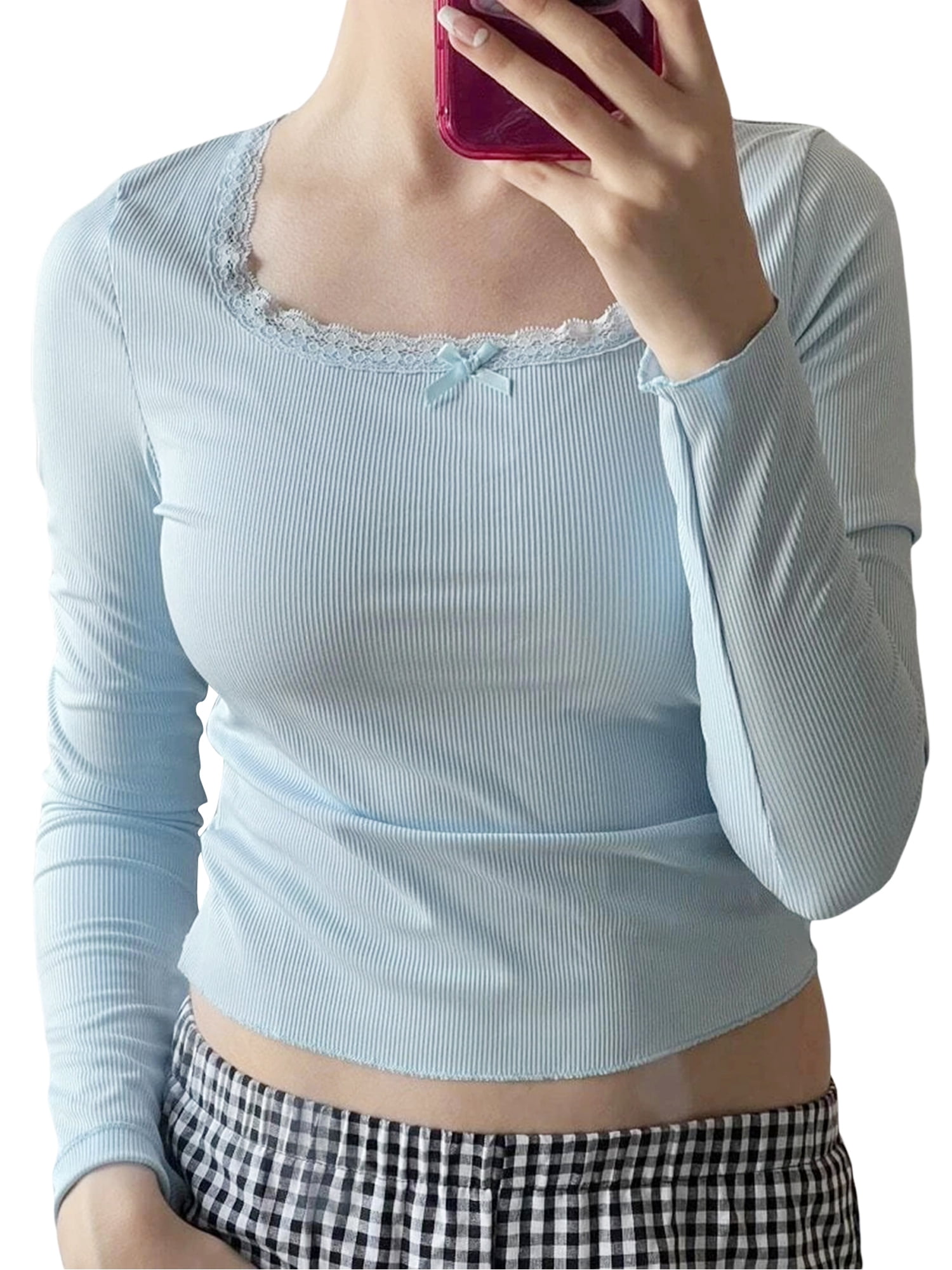 BABAMOON Women Y2k Square Neck Shirts Long Sleeve Sexy Slim Fit Tight ...