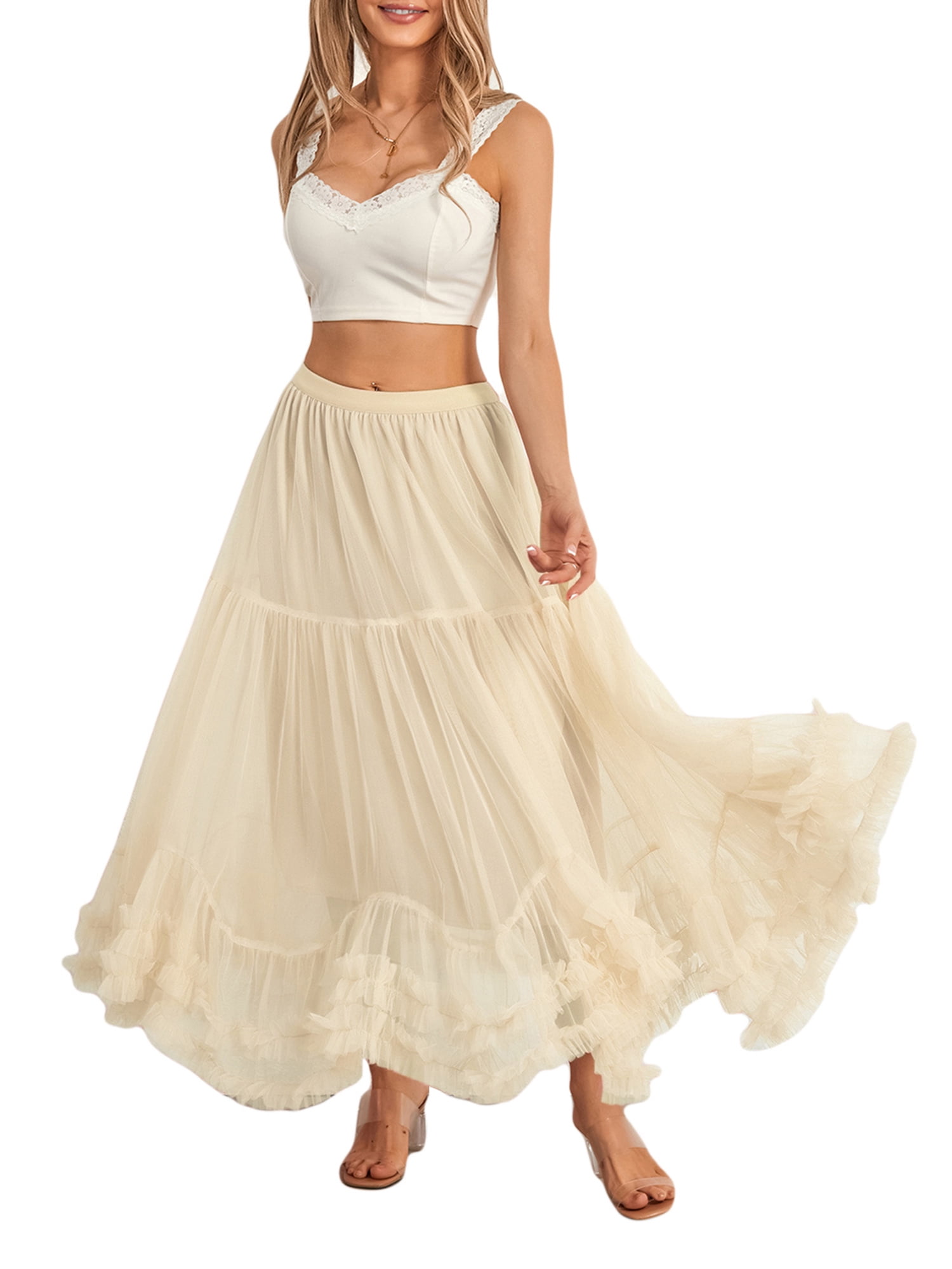 BABAMOON Women's A-Line Fairy Elastic High Waist Mesh Tutu Tulle Midi ...