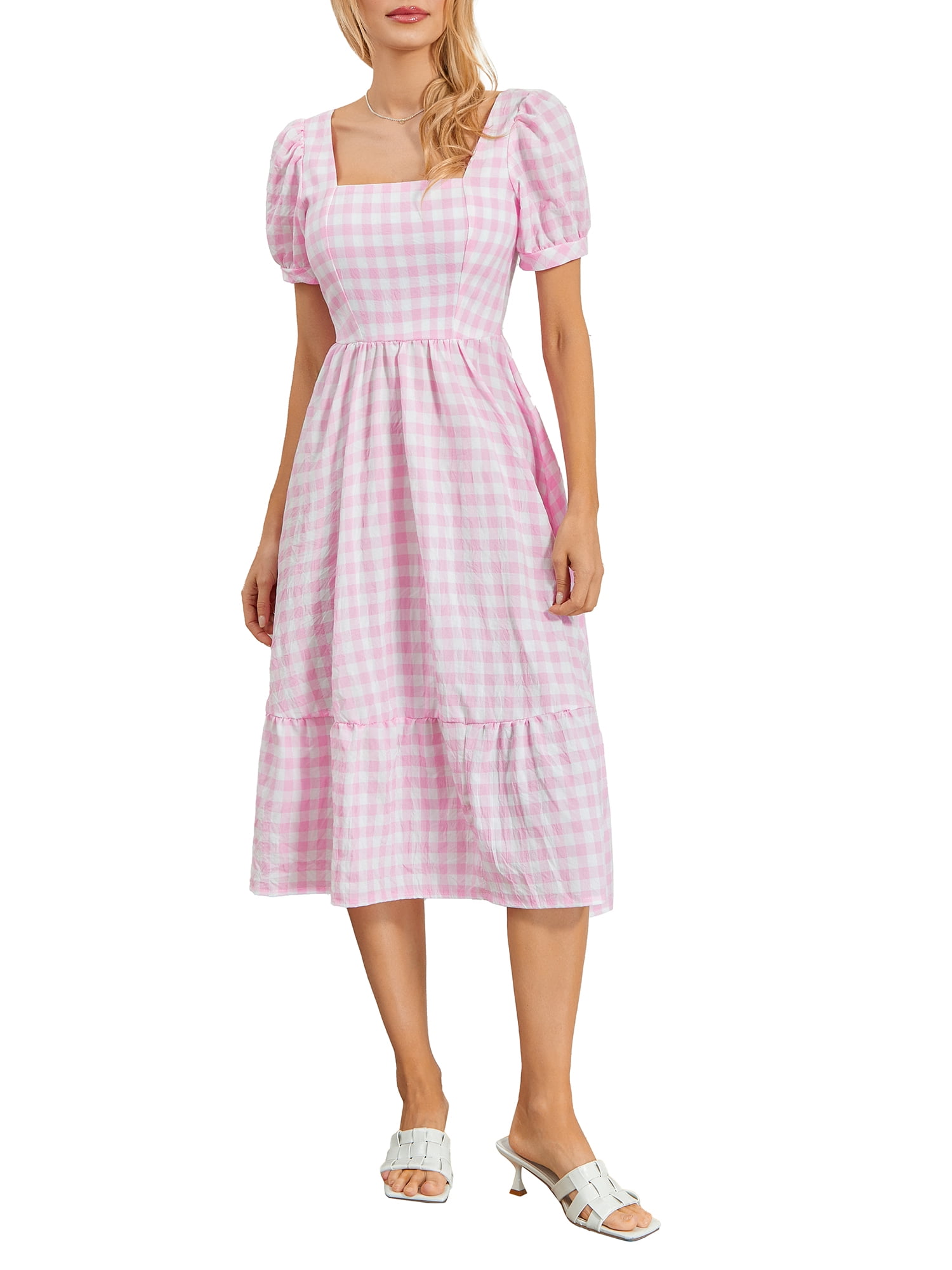 BABAMOON Women's Bohemian Summer Plaid Square Neck Puff Sleeve Ruffle ...