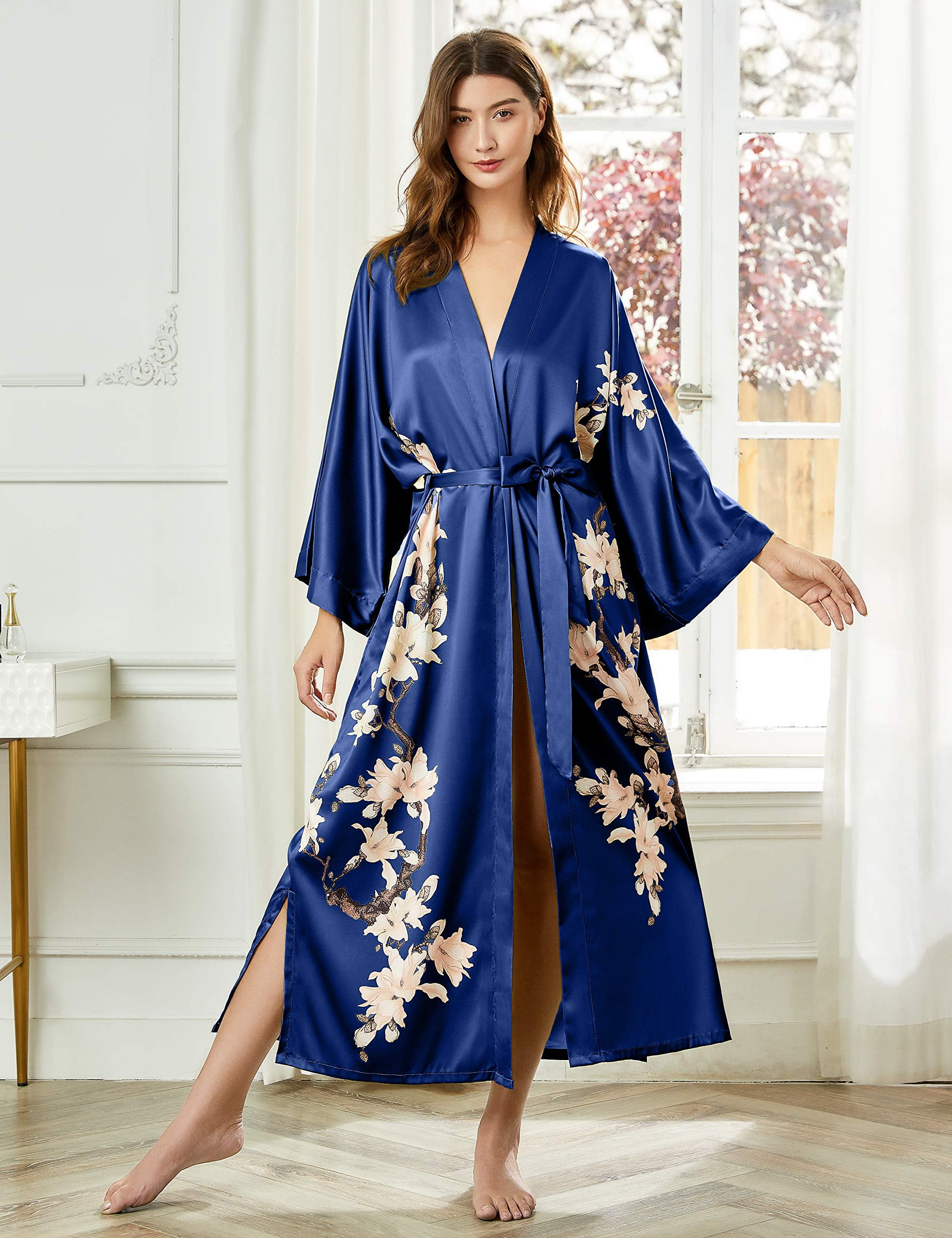 BABEYOND Kimono Robe Cover up with Box Long Floral Satin Sleepwear ...