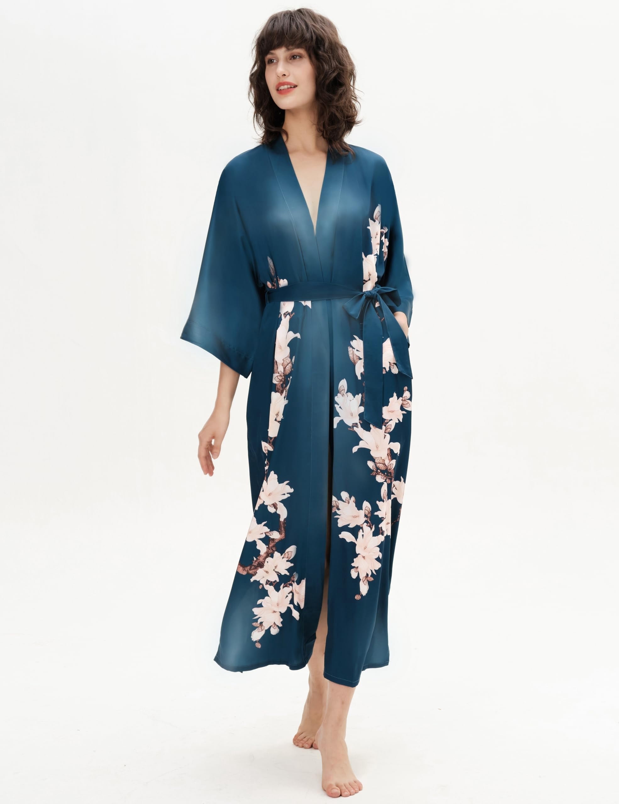 BABEYOND Kimono Robe Cover up with Box Long Floral Satin Sleepwear ...