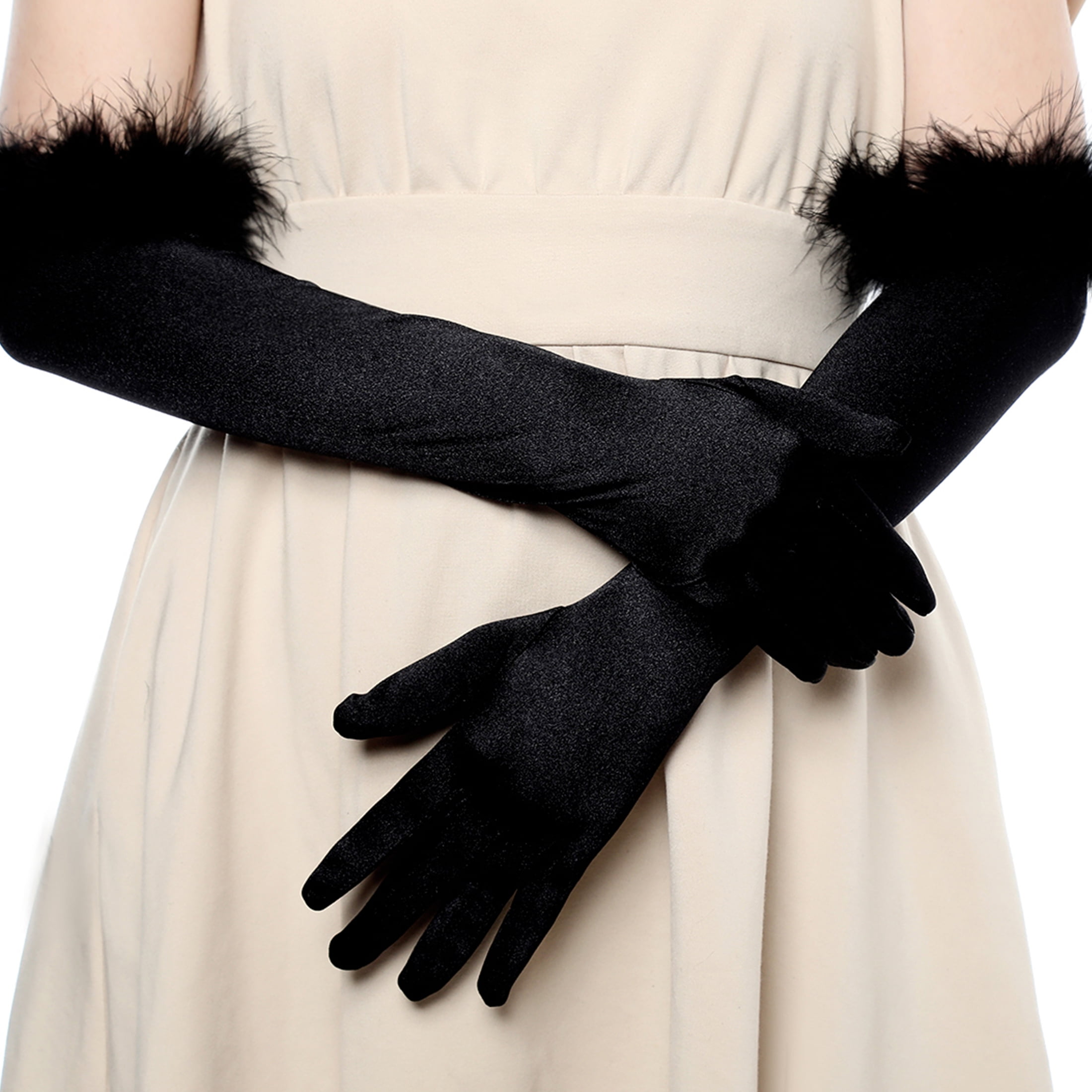 BABEYOND Long Satin Opera Gloves Pageant Feather Gloves 1920s Stretchy ...
