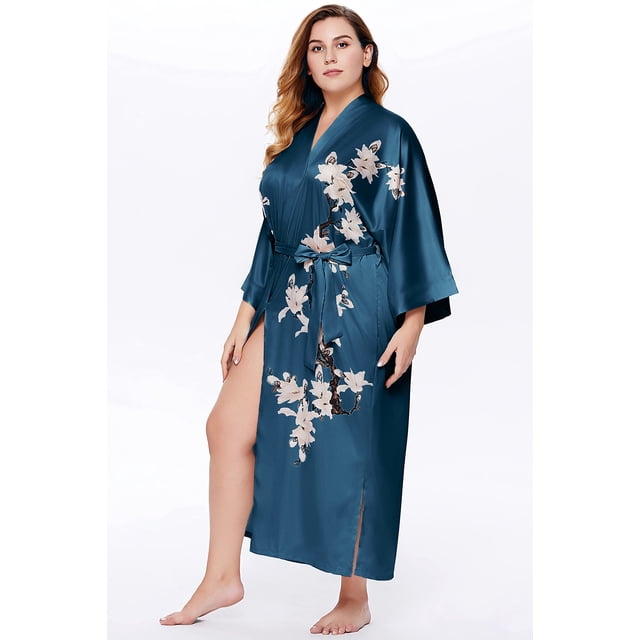 BABEYOND Plus Size Long Kimono Robe Floral Satin Robes Silky Kimono ...