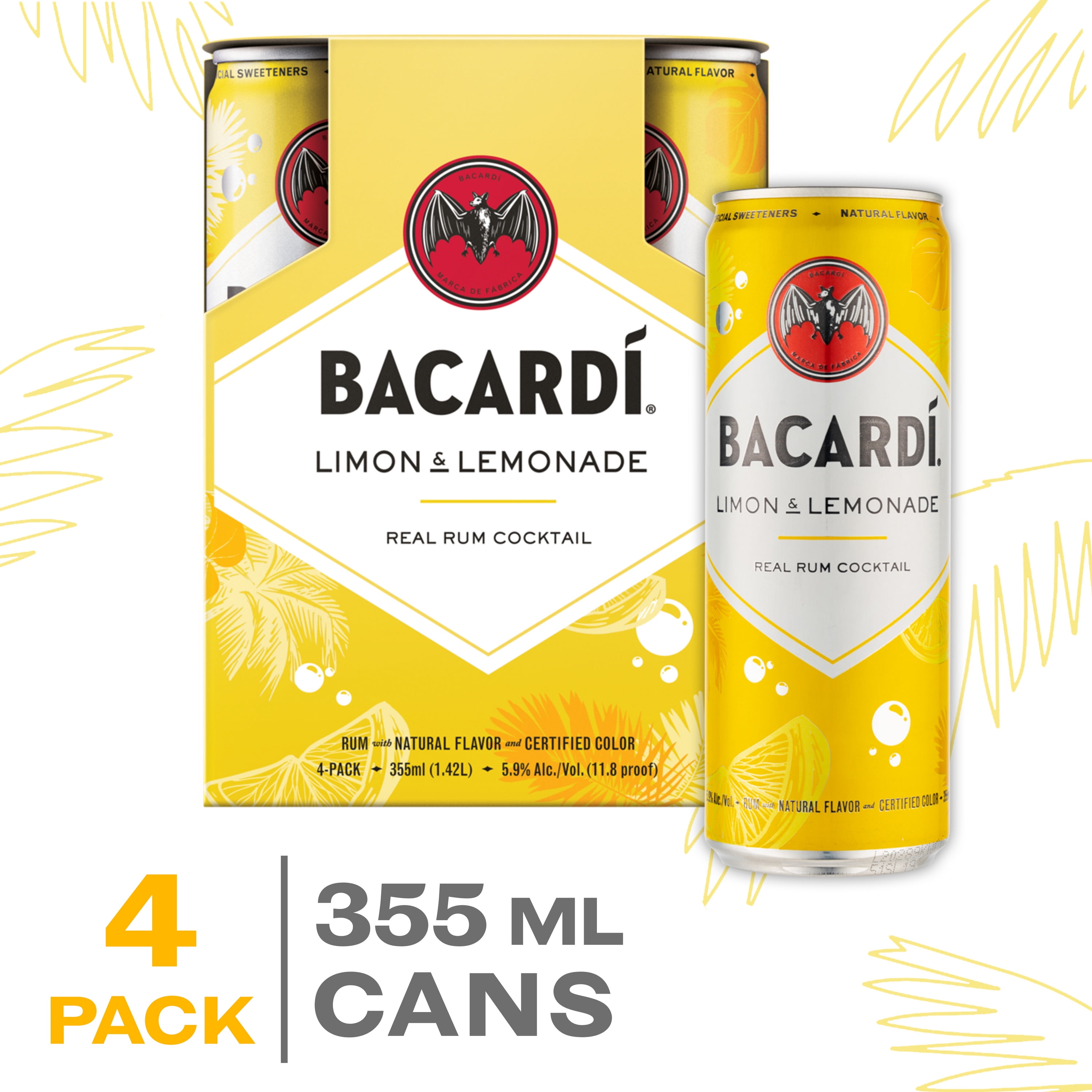 BACARDI Limon & Lemonade Ready to Drink Rum Cocktail, Gluten Free, 355 ...
