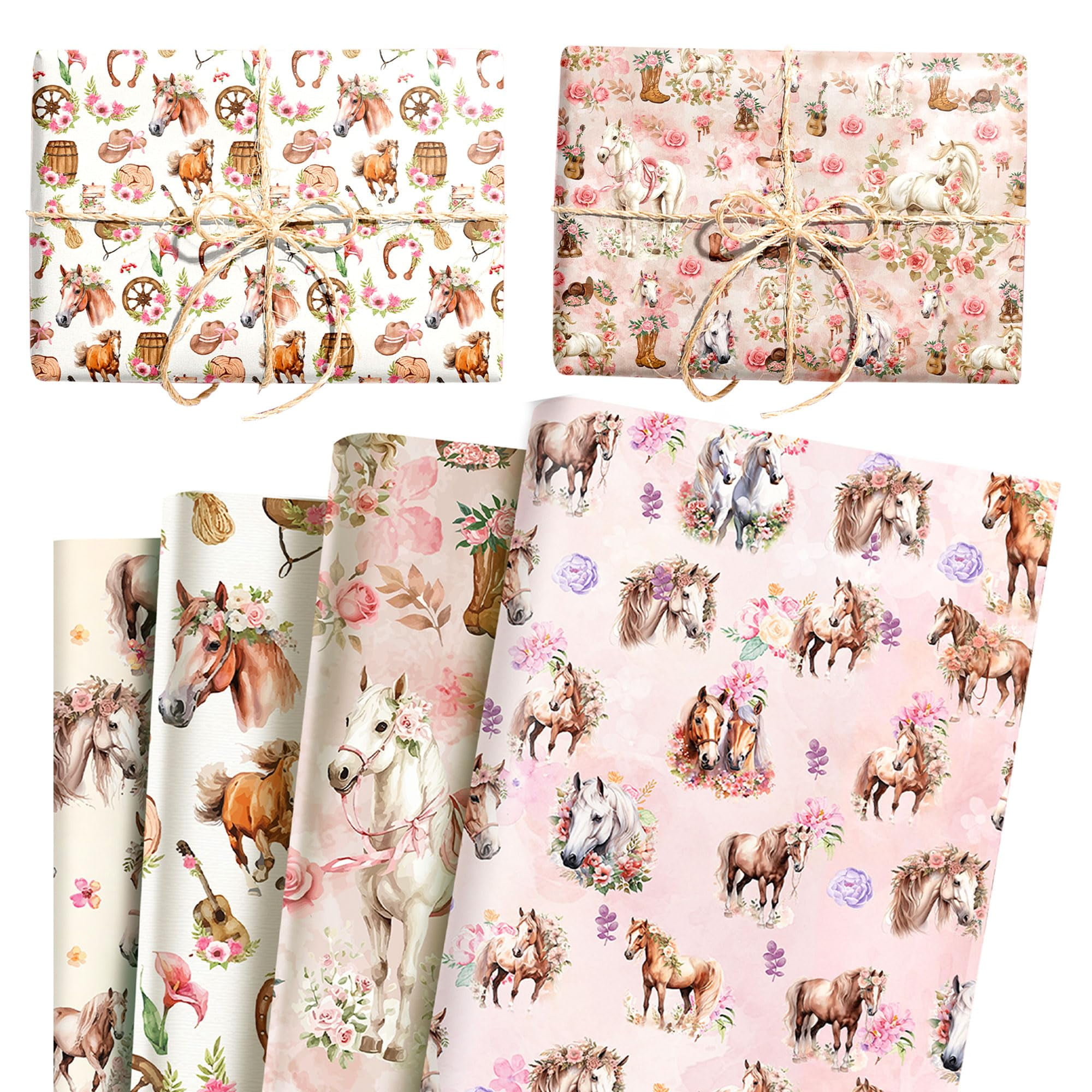 BACH AND BOUJEE FEV6 12 Sheets Horse Floral Wrapping Paper Pink Horse ...
