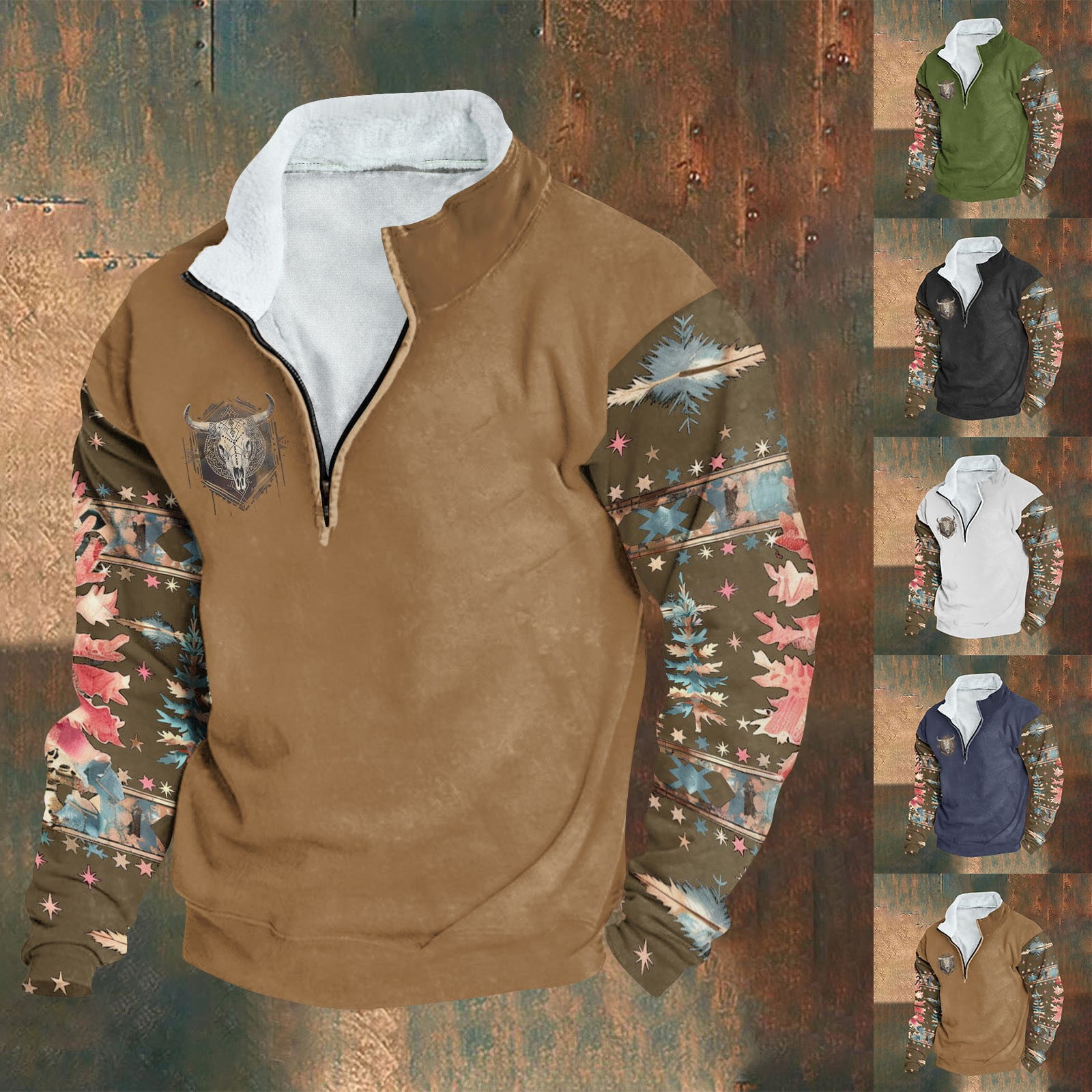 BADHUB 1/4 Zip Up Stand Collar for Men Western Aztec Vintage Ethnic Style Tribal Sweatshirts ...