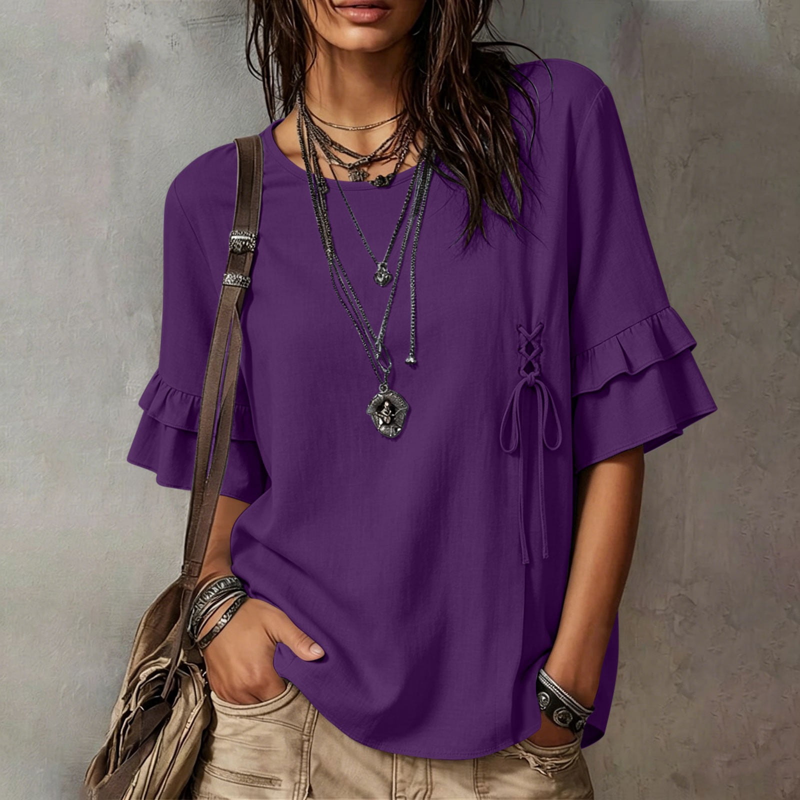 BADHUB 3/4 Sleeves for Womens Tops Babydoll Dressy Blouse Casual ...
