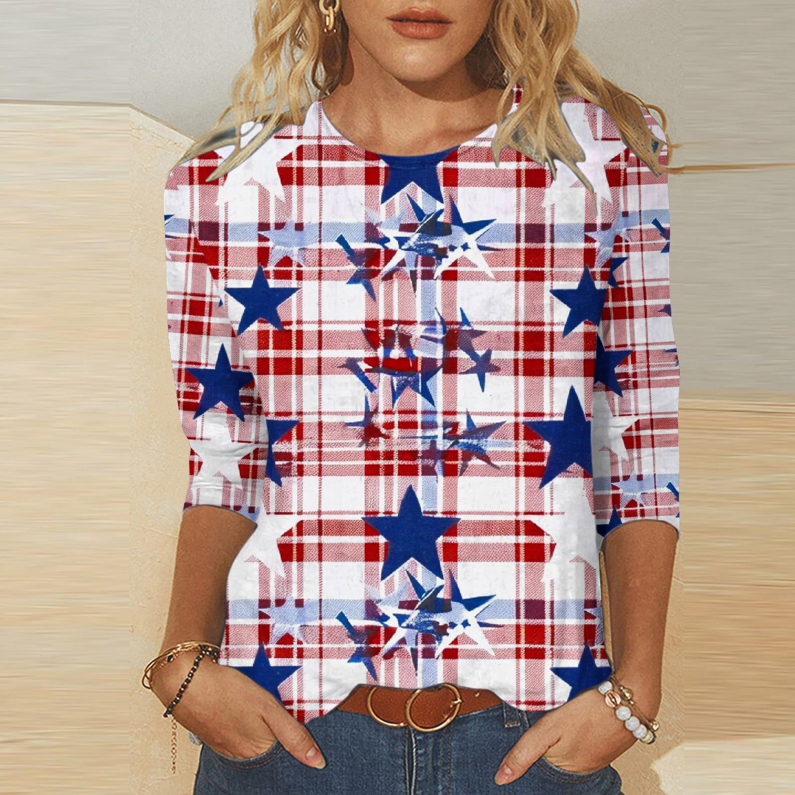 Badhub 4th Of July Shirt For Women 34 Sleeve Stars Stripes T Shirt American Flag Patriotic Tops