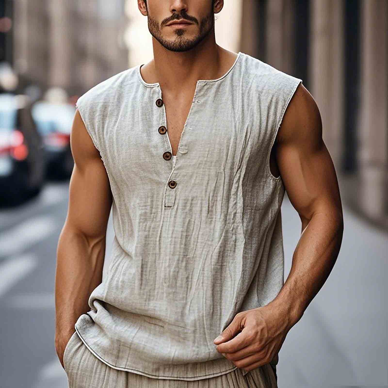 BADHUB Beach Tank Tops for Men 2025 Henley Button V Neck Imitation ...