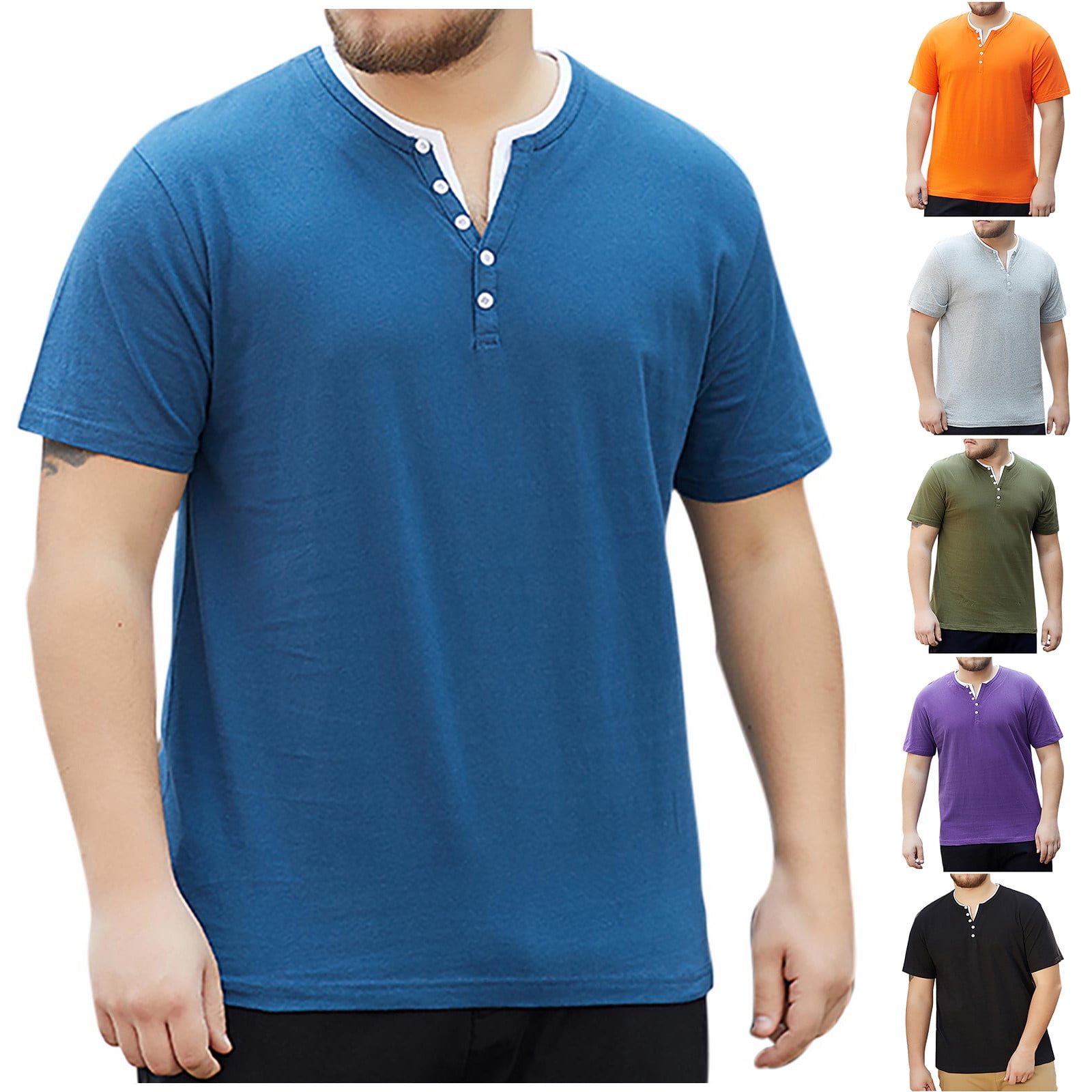 BADHUB Big & Tall Cotton Henley T Shirts for Men Classic Button Crew Neck Fitted Tee Shirt ...