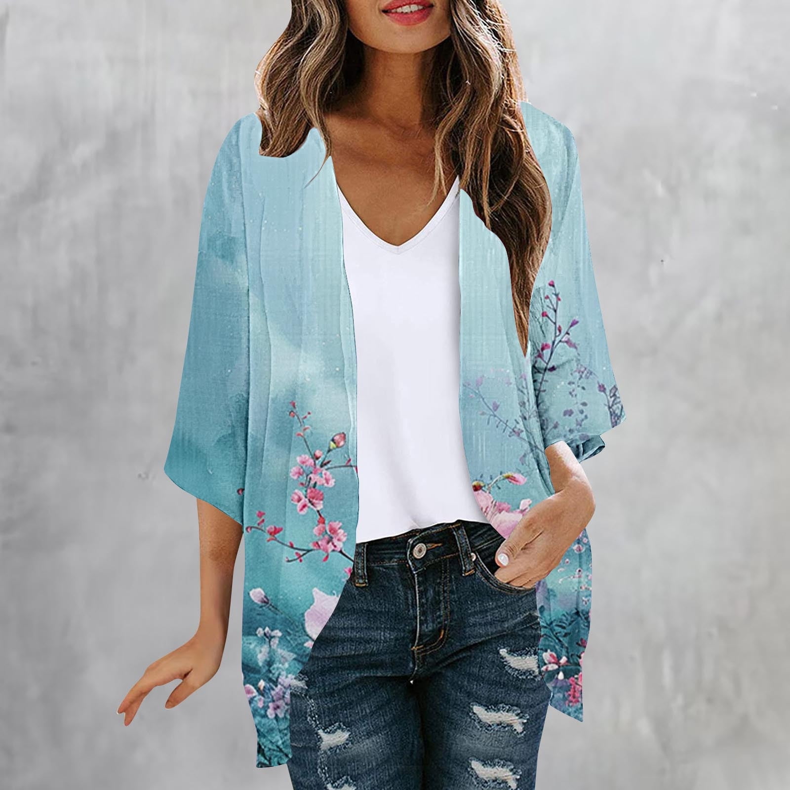 BADHUB Boho Floral Print Kimono Cardigan for Women 3/4 Sleeve Cardigan ...