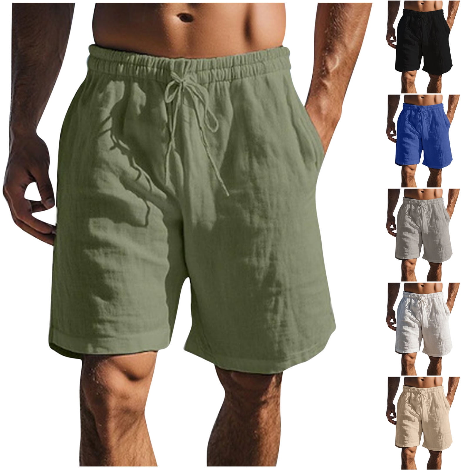 BADHUB Cotton Linen Shorts for Men Drawstring Elastic Waist Beach Shorts Casual Solid Color ...