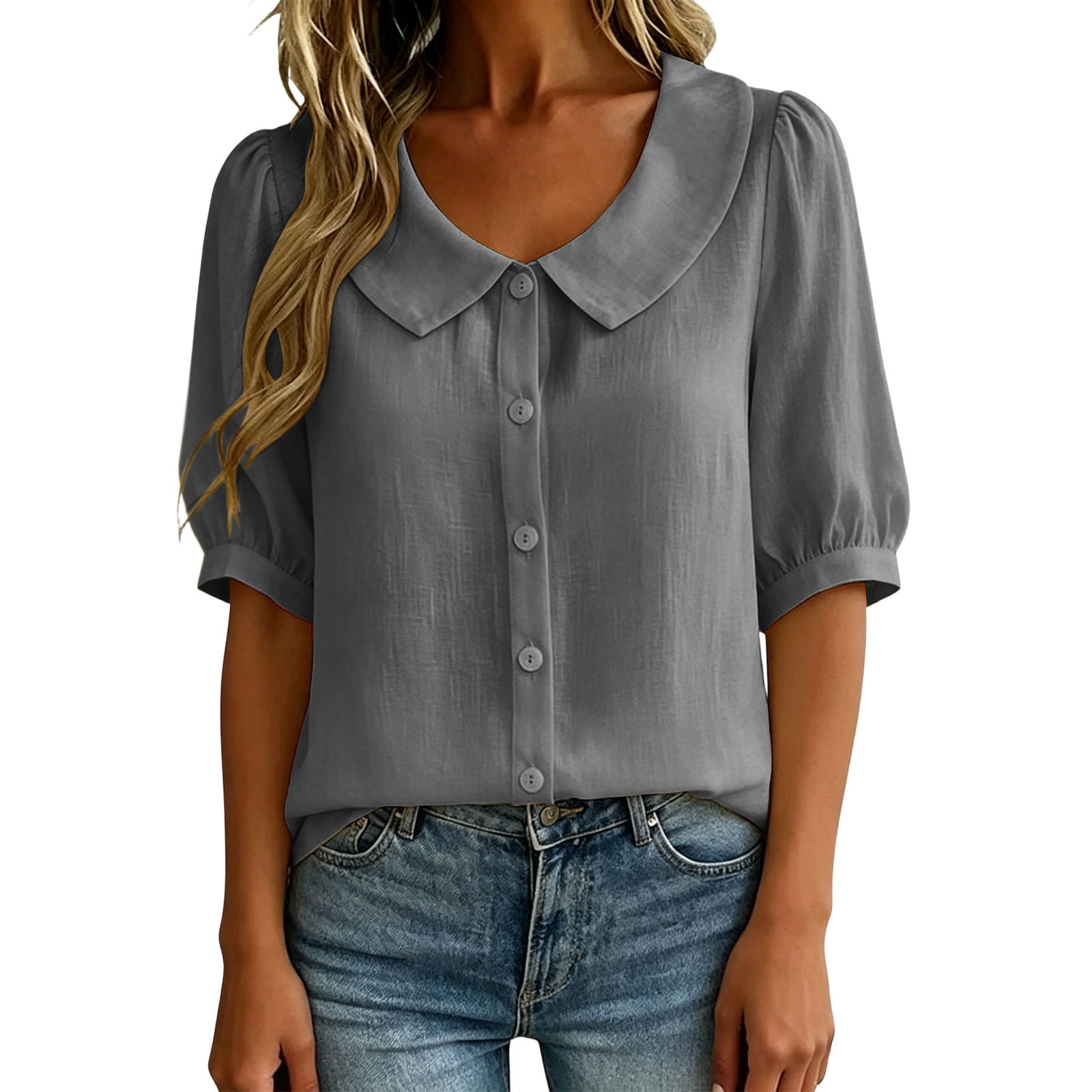 BADHUB Cotton Tops for Women Trendy Summer Peter Pan Collar Button Down ...