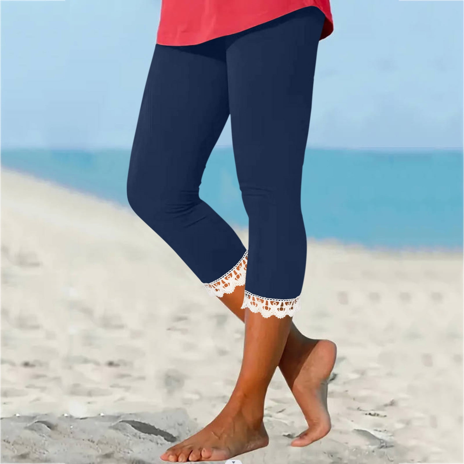 BADHUB Cropped Capris Pants for Women Lace Patchwork Capri Leggings Solid Stretch Slim Fit ...