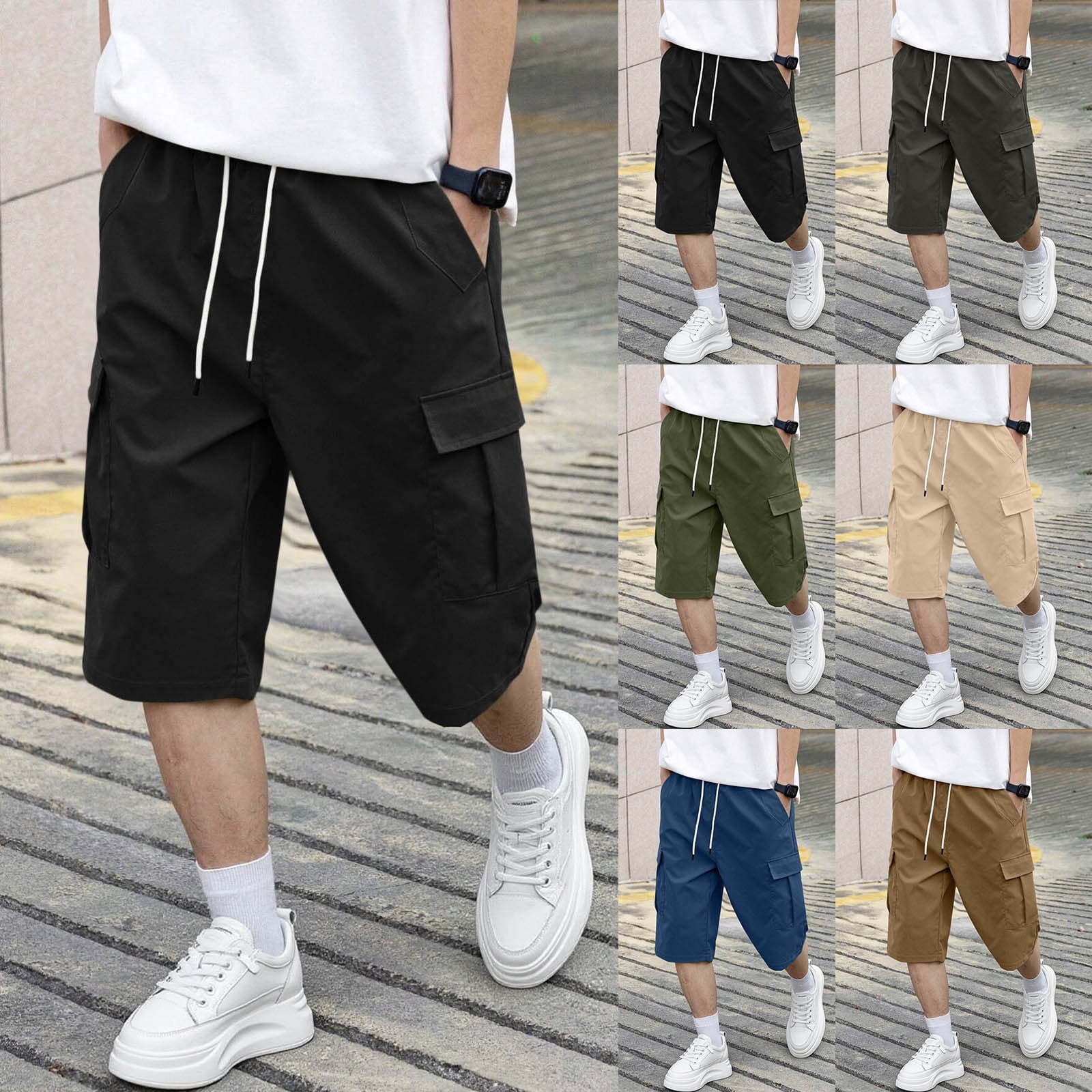 BADHUB Drawstring Hiking Cargo Shorts for Men Knee Length Elastic Waist Stretch Summer Work ...