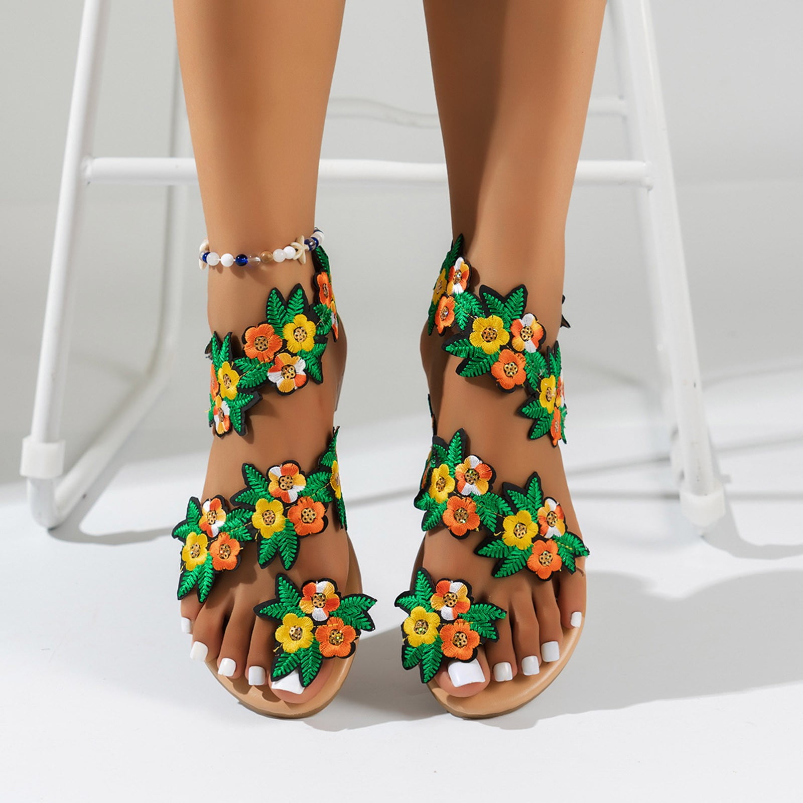 BADHUB Floral Boho Sandals for Women Flat Trendy Toe Ring Cute Strappy ...