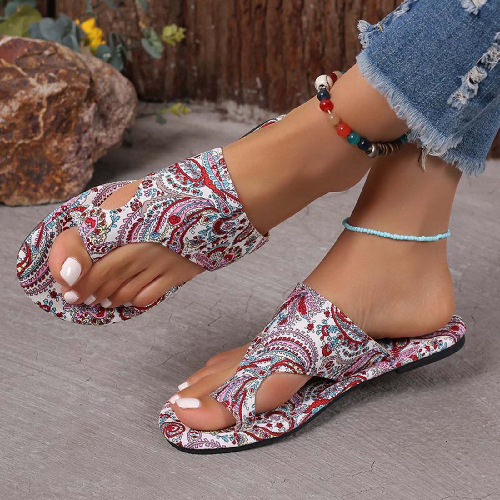 BADHUB Lightweight Flat Sandals For Women Ethnic Print Comfortable ...