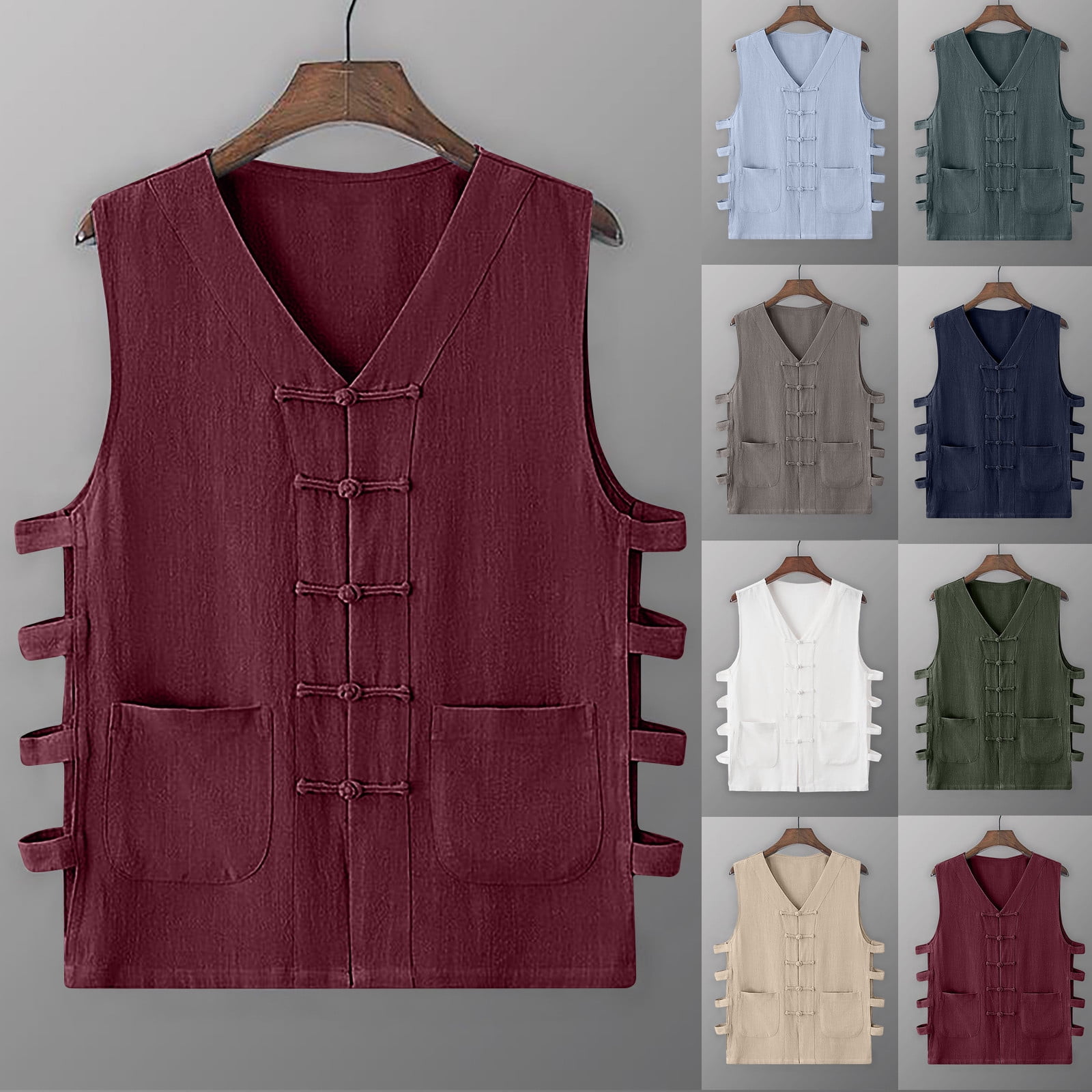 BADHUB Men's Cotton Linen Tank Tops Vintage Plate Buckle Vest Coat ...