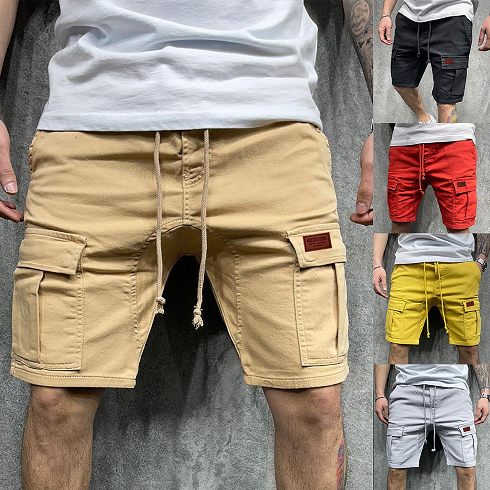 BADHUB Men's Drawstring Khaki Shorts Multi Pocket Cargo Shorts Casual ...