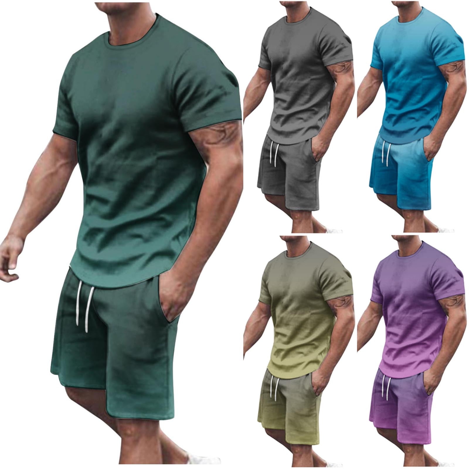 BADHUB Men's Gradient Short Sets Big & Tall 2 Piece Outfits Summer Crew Neck T Shirt and ...
