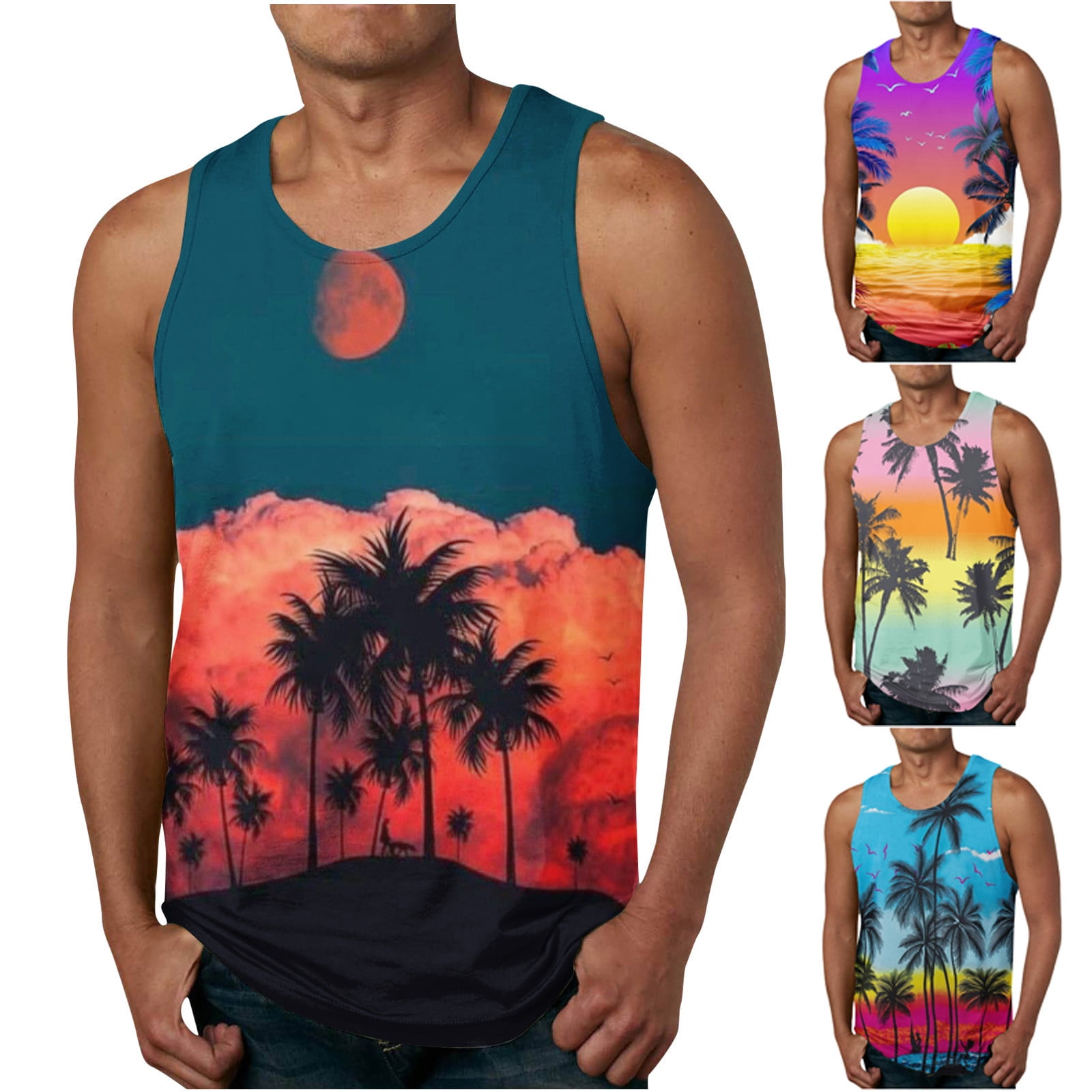 BADHUB Men's Hawaiian Tank Tops Big and Tall Coconut Tree Print ...