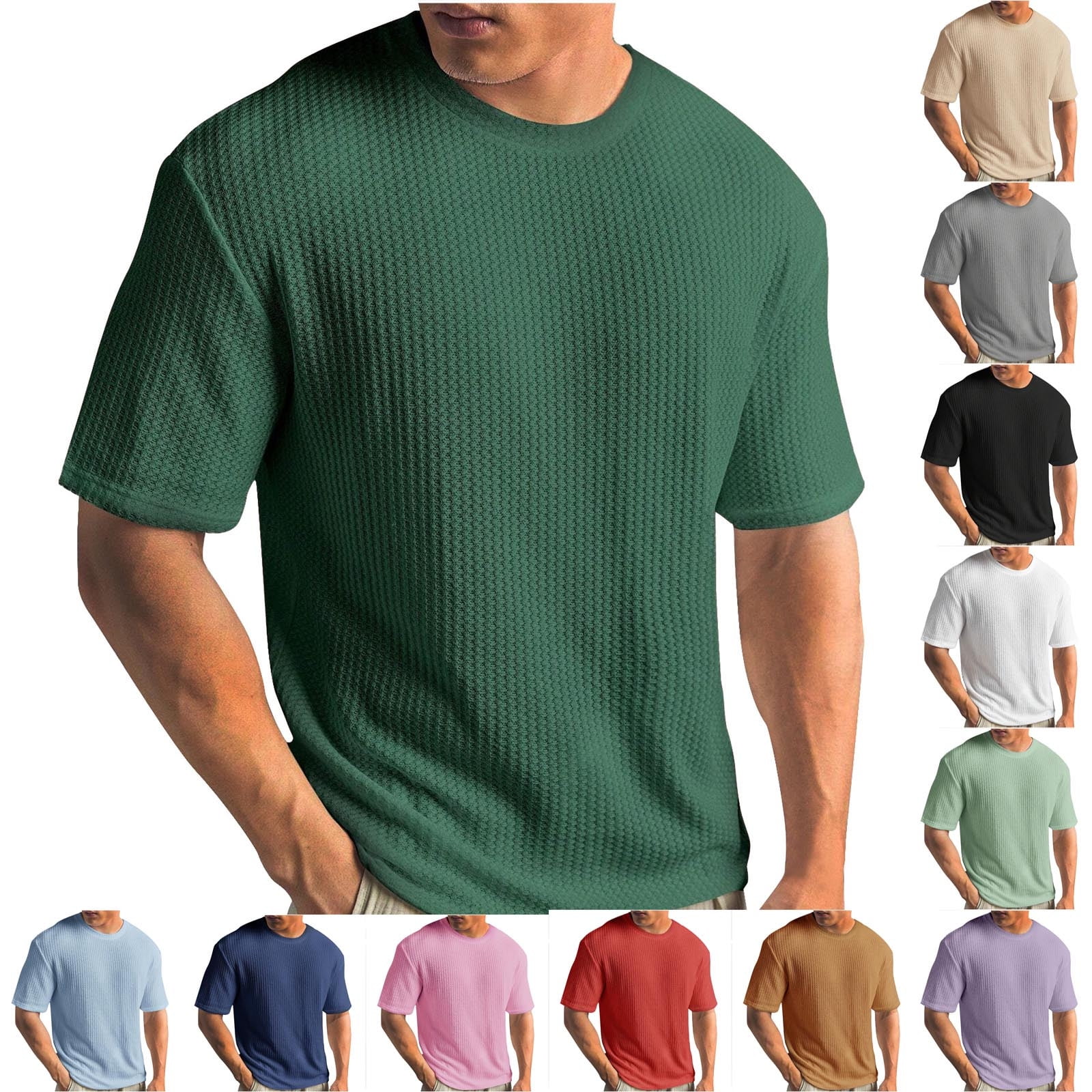 BADHUB Men's Knit Short Sleeve T Shirts Solid Color Crew Neck Ribbed Tee Shirt Muscle Fit Basic ...