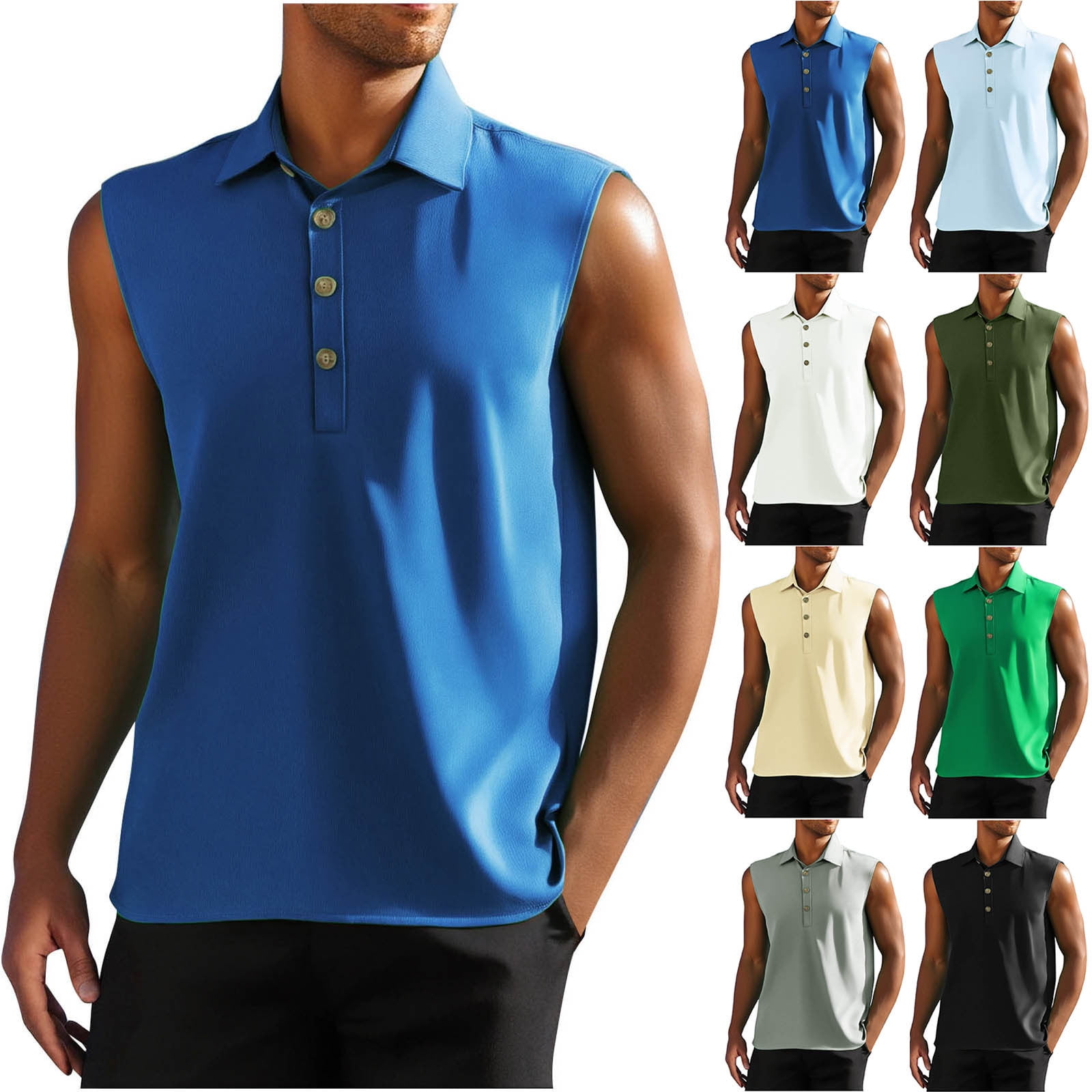 BADHUB Men's Lapel Collar Button Tank Tops Quick Dry Golf Solid Color Sleeveless Shirts Beige ...