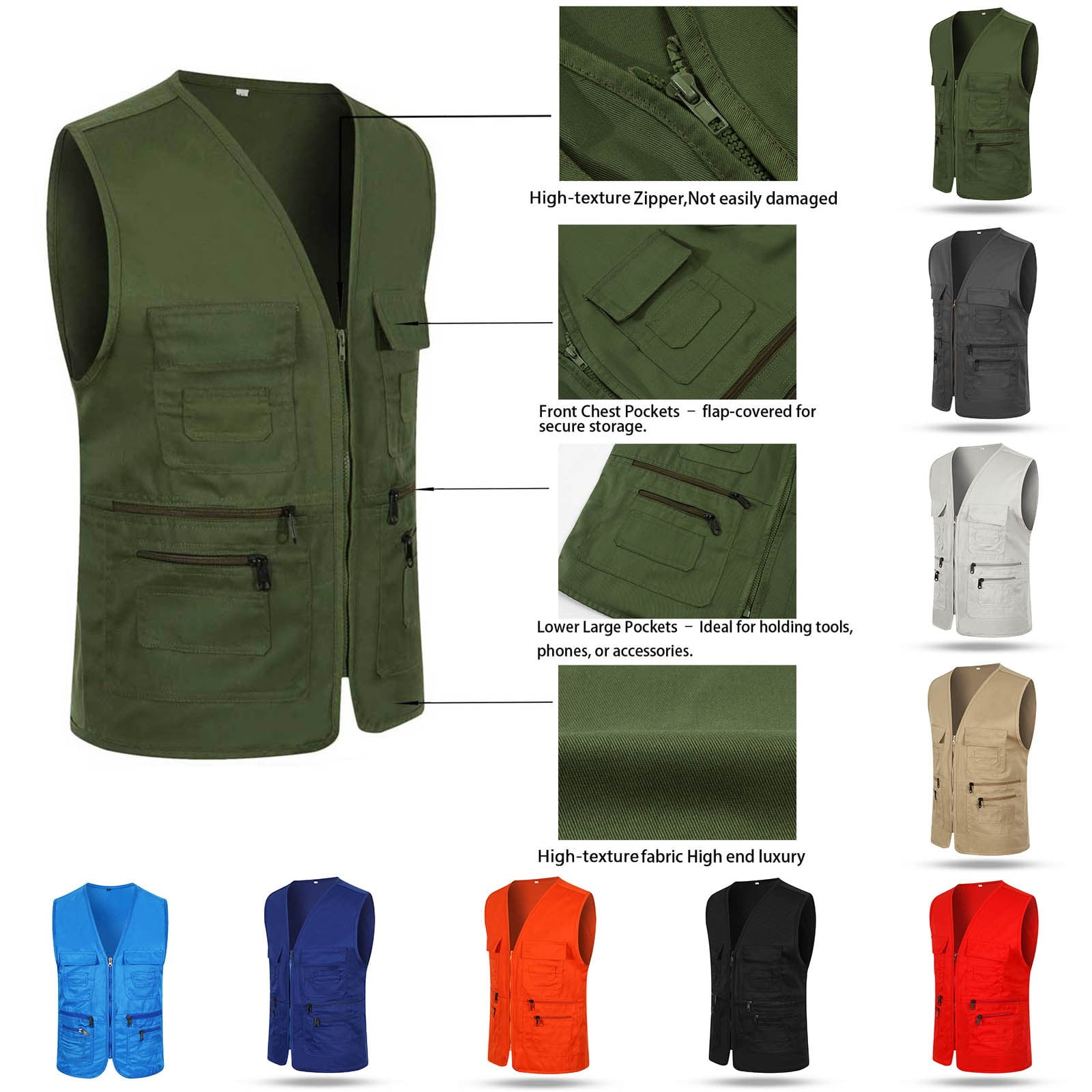 BADHUB Men's Outdoor Fishing Vests Multi-Pocket Zipper V-Neck ...