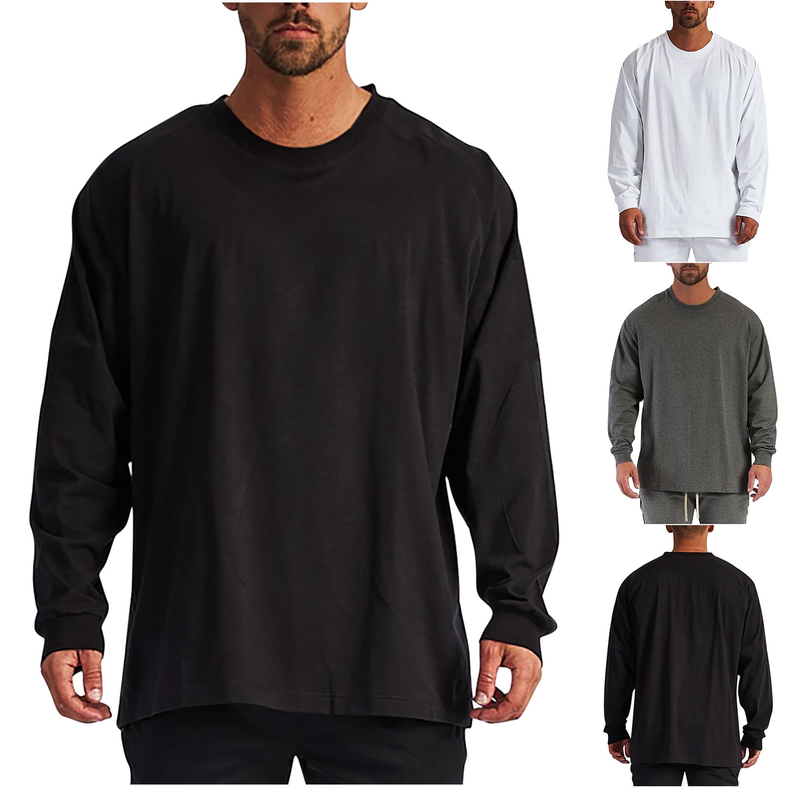 BADHUB Men's Solid Color Causal T Shirt Long Sleeve Crew Neck Loose Fit Cotton Tees Drop ...