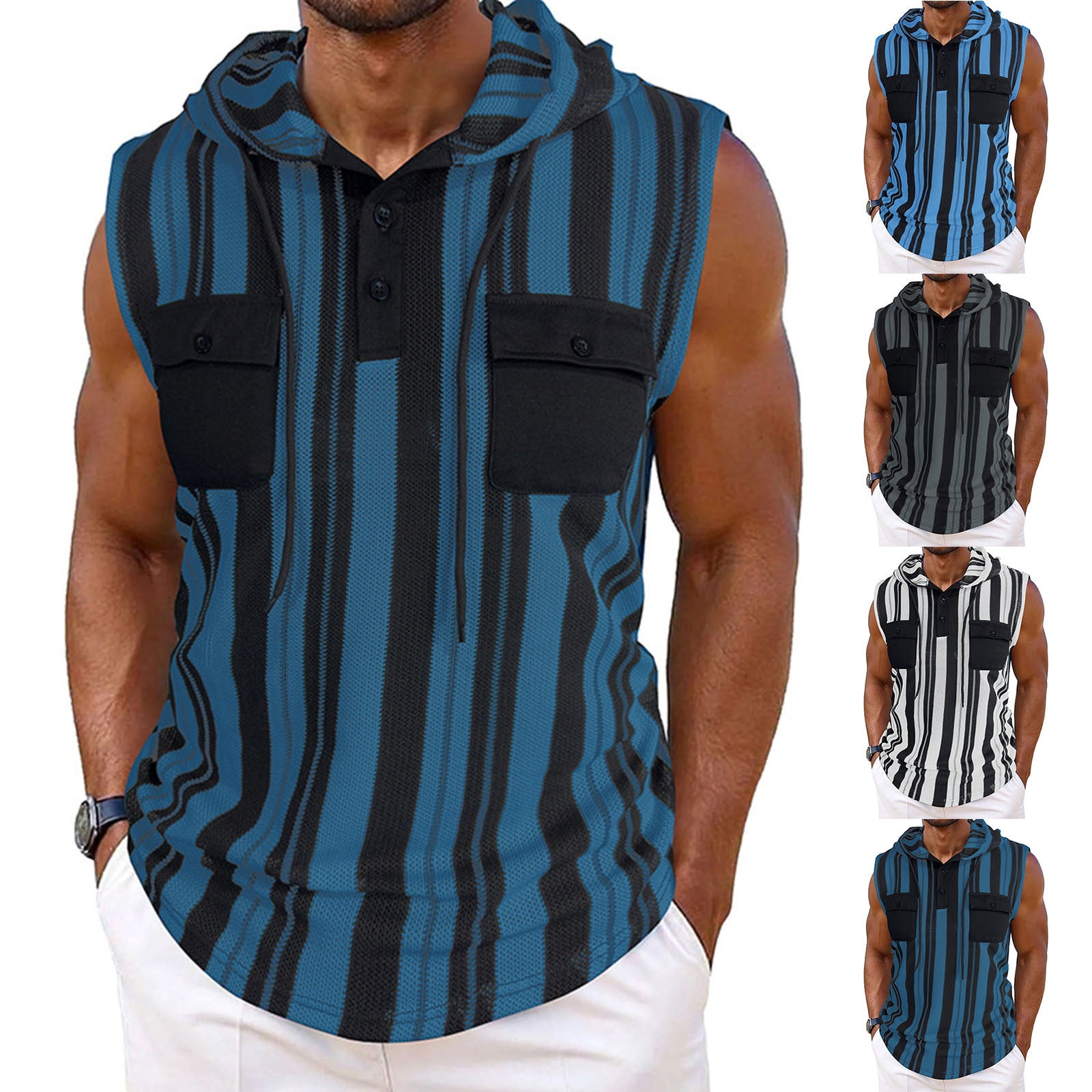 BADHUB Men's Striped Workout Hooded Tank Tops Sleeveless Gym Hoodies Knitting Cotton Muscle Cut ...