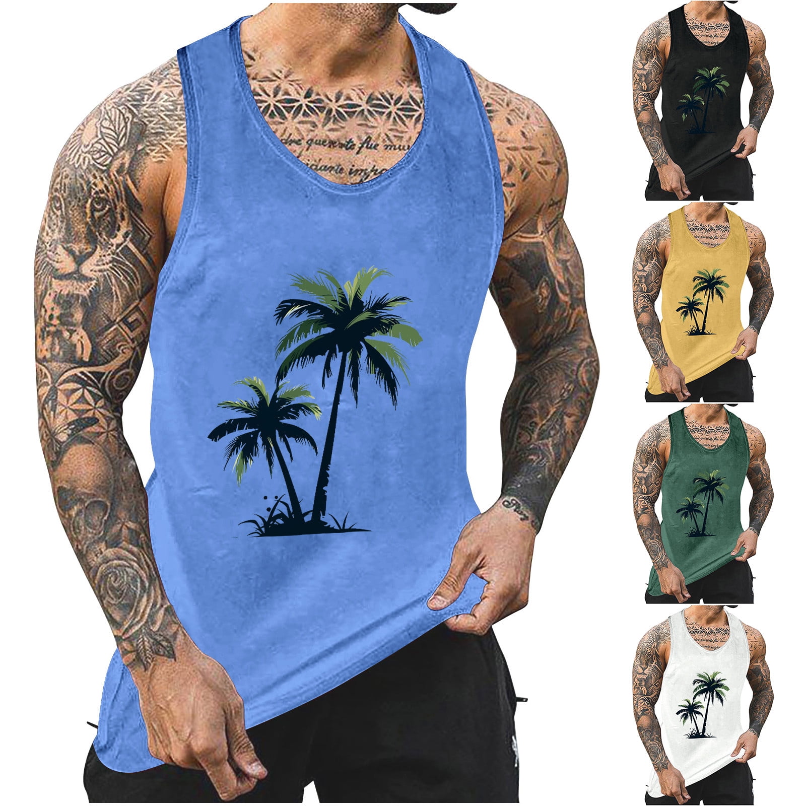 BADHUB Men's Hawaiian Tank Tops Coconut Tree Print Sleeveless Muscle ...