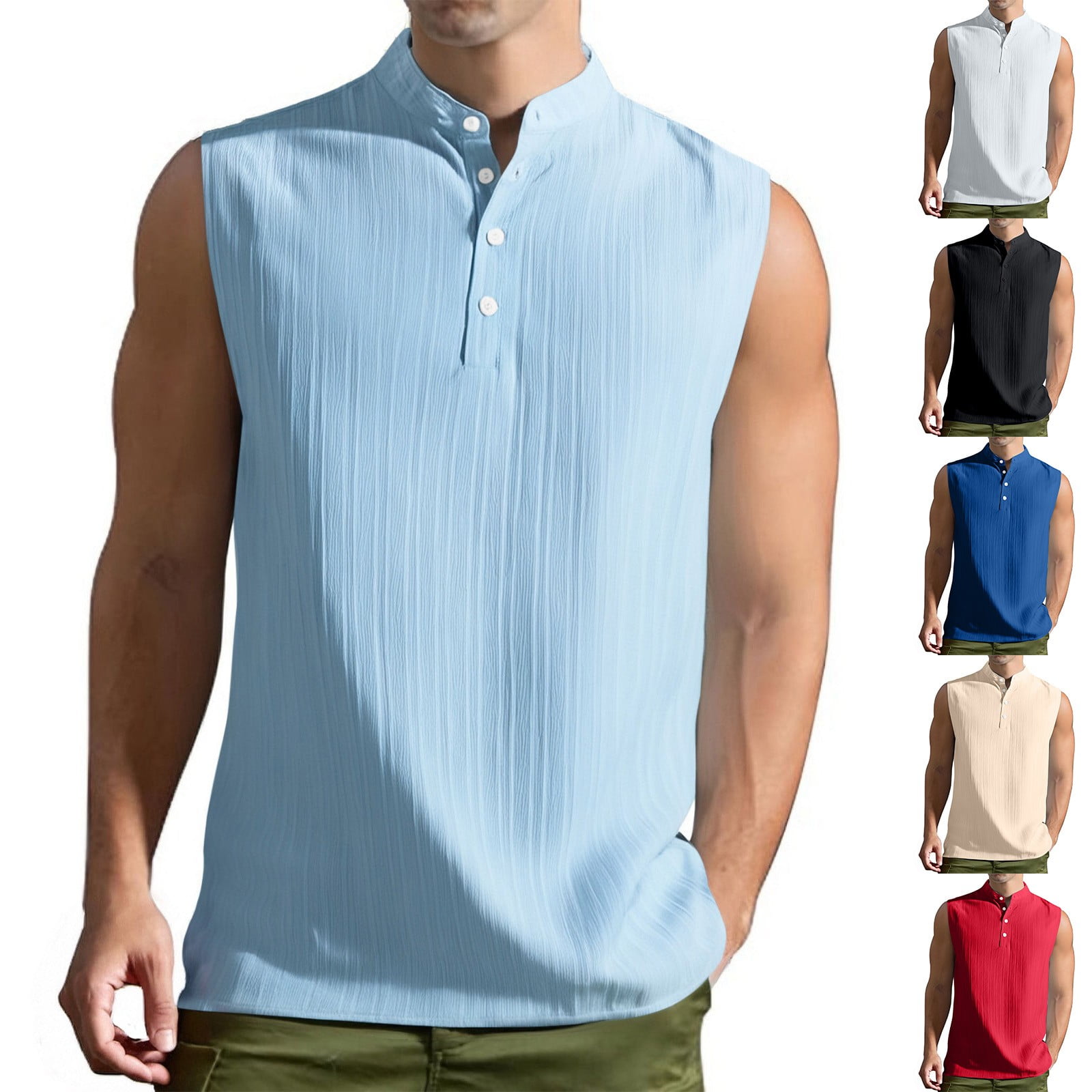 BADHUB Men's Trendy Texture Tank Tops Stand Collar Button V Neck Solid ...